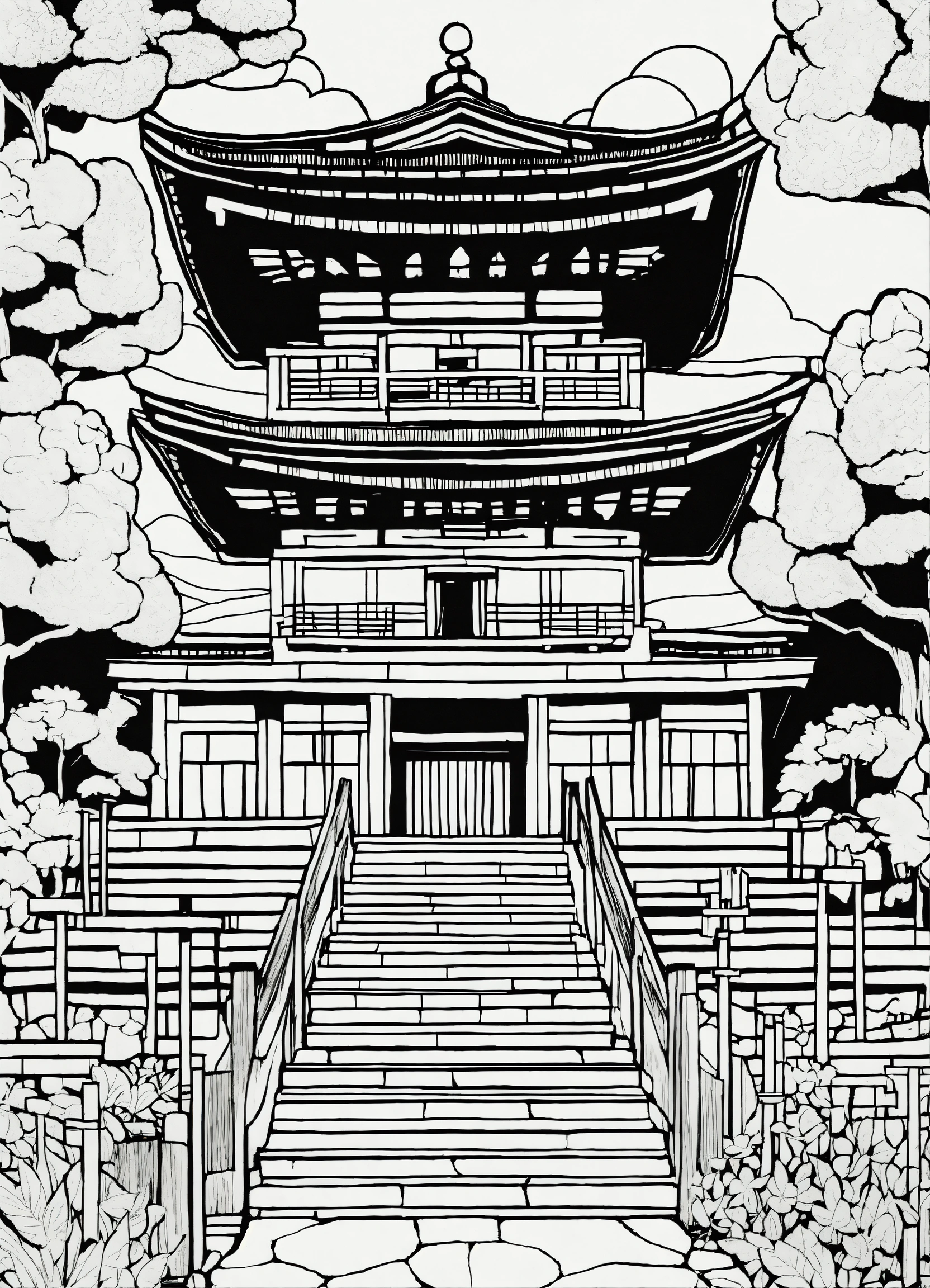 Lexica - A black and white line art drawing of santuario Fushimi Inari ...