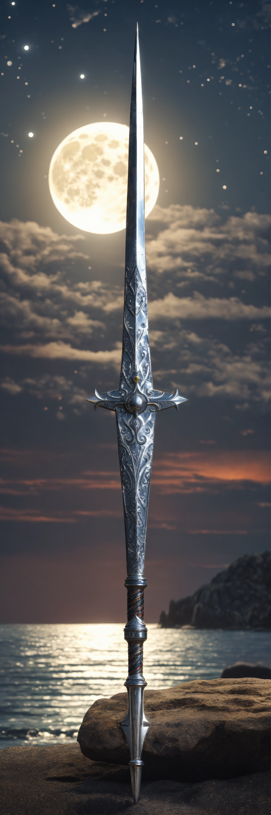 Lexica - 8k, picture of a very long gezackte harpoon with barbs made of ...
