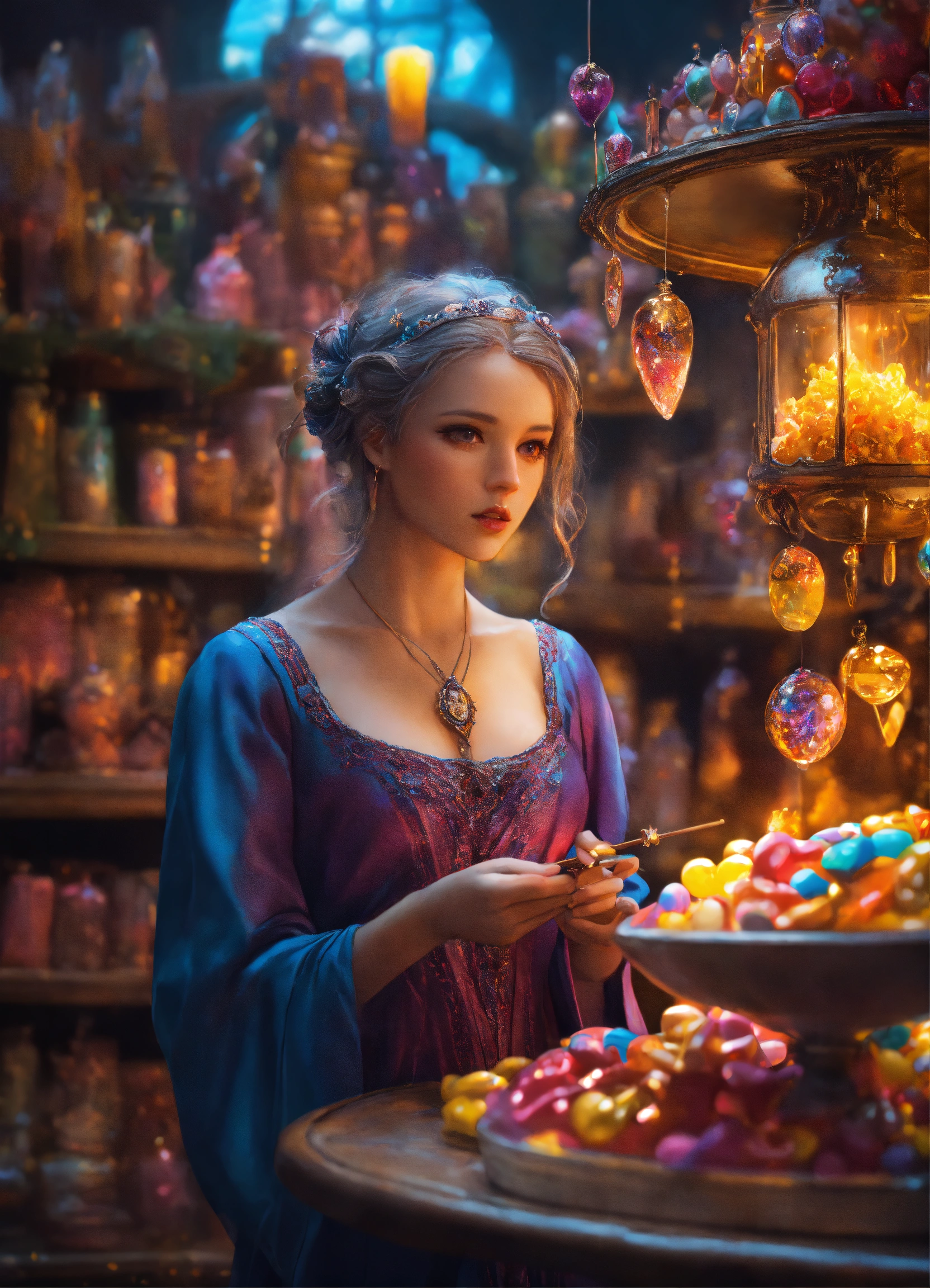 Lexica - Beautiful wizard girl conjuring in a fairy tale candy shop ...