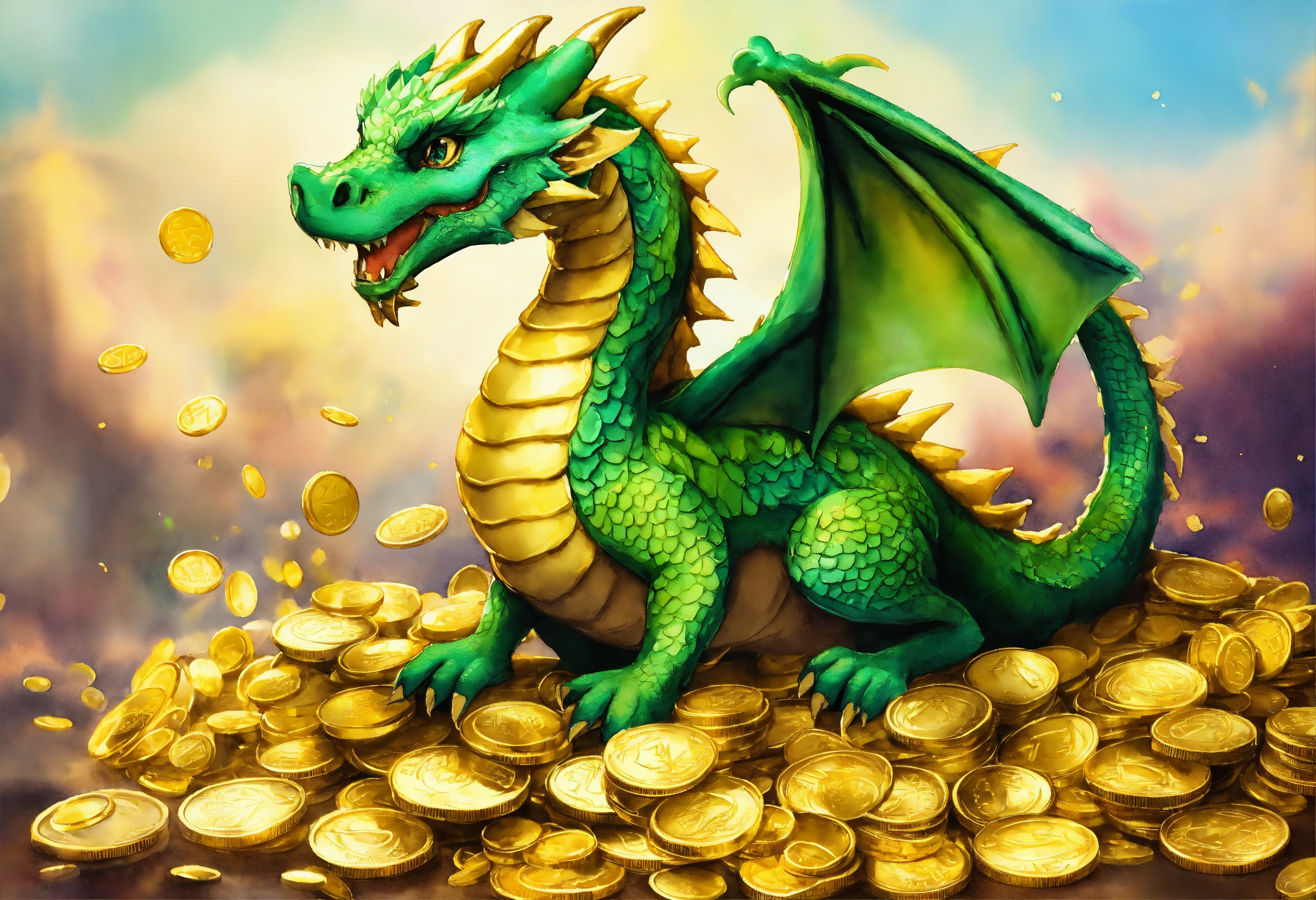 Lexica - Cute, sweet, smiling green and gold dragon sitting on gold ...