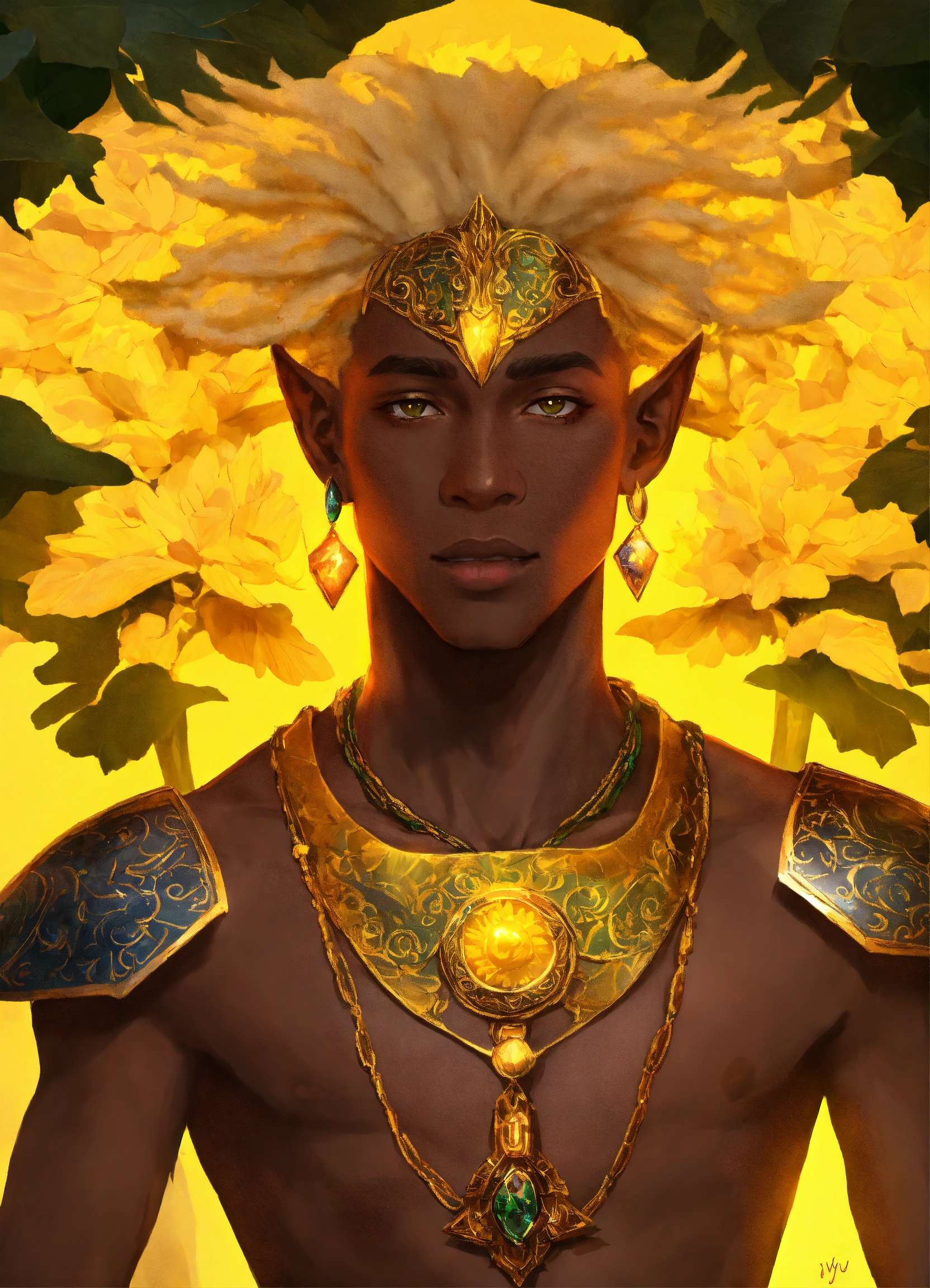 Lexica - A black male sun elf with hazel eyes, medium wazy yellow hair