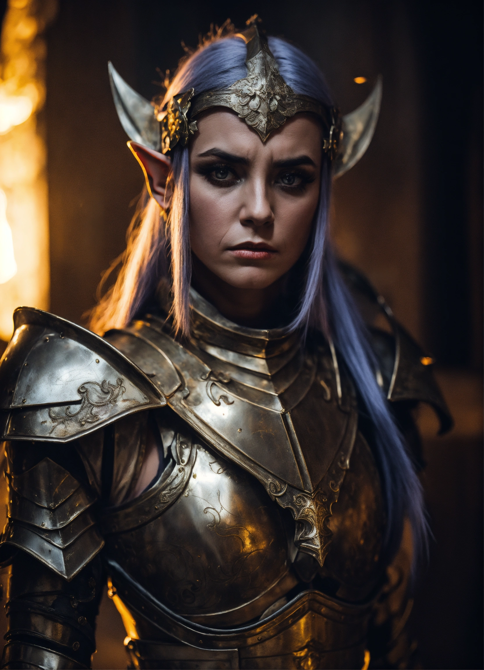 Lexica - Dark elf in plate armor with a sad expression