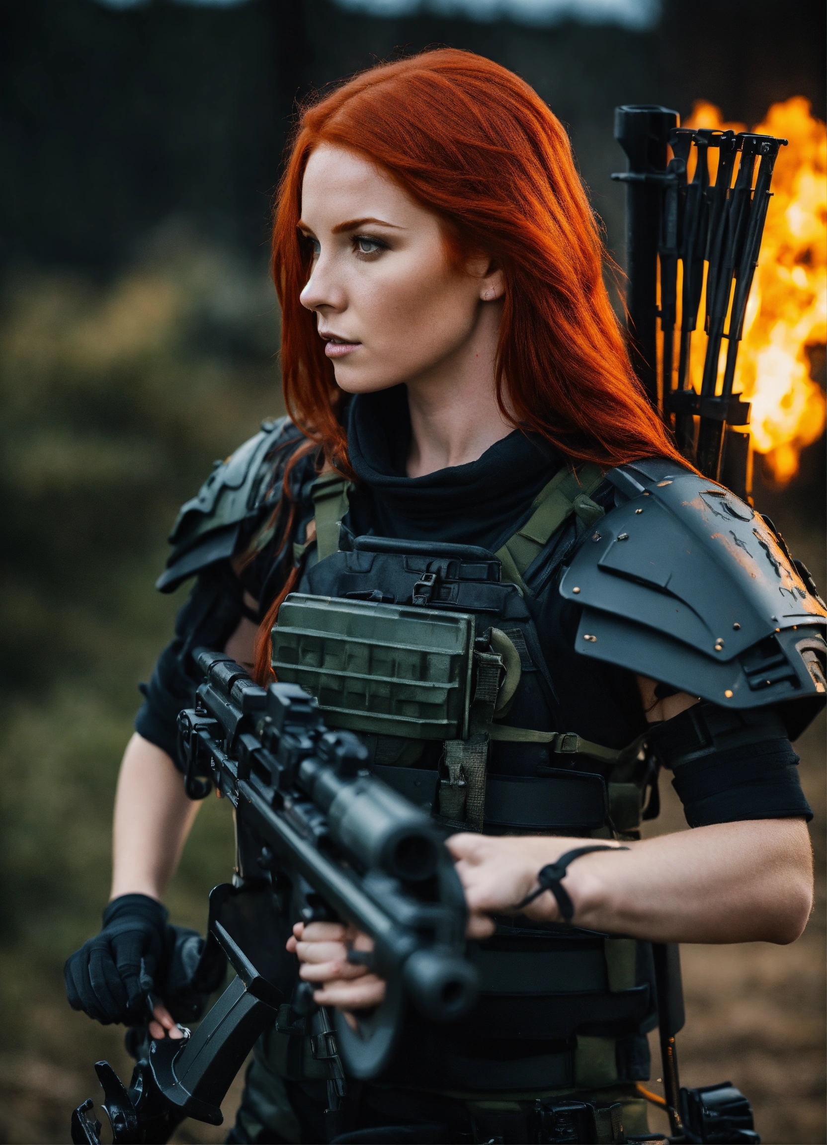 Lexica - Female athletic red hair model wearing black metal military ...