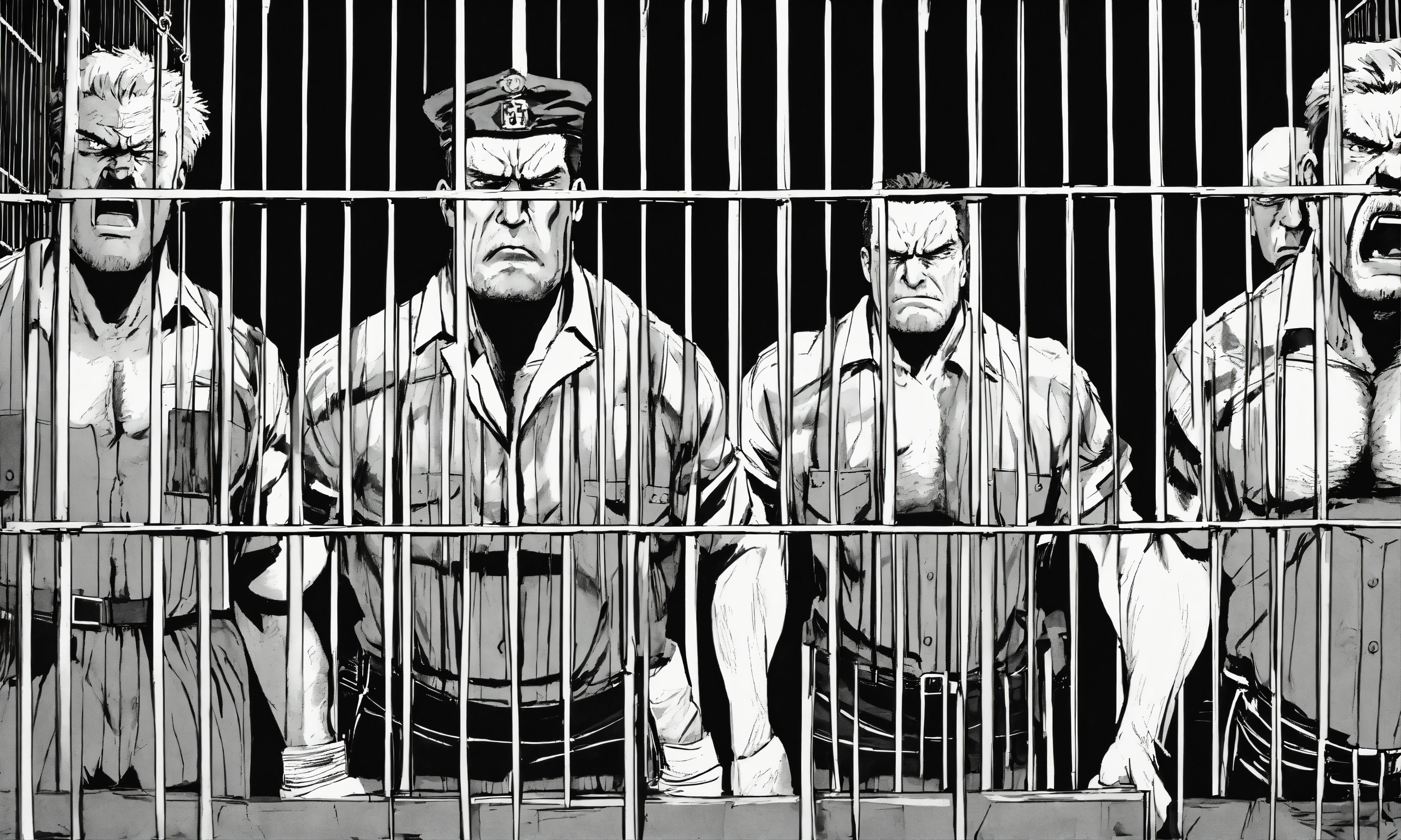Lexica - A black and white illustration of angry men in jail, behind ...