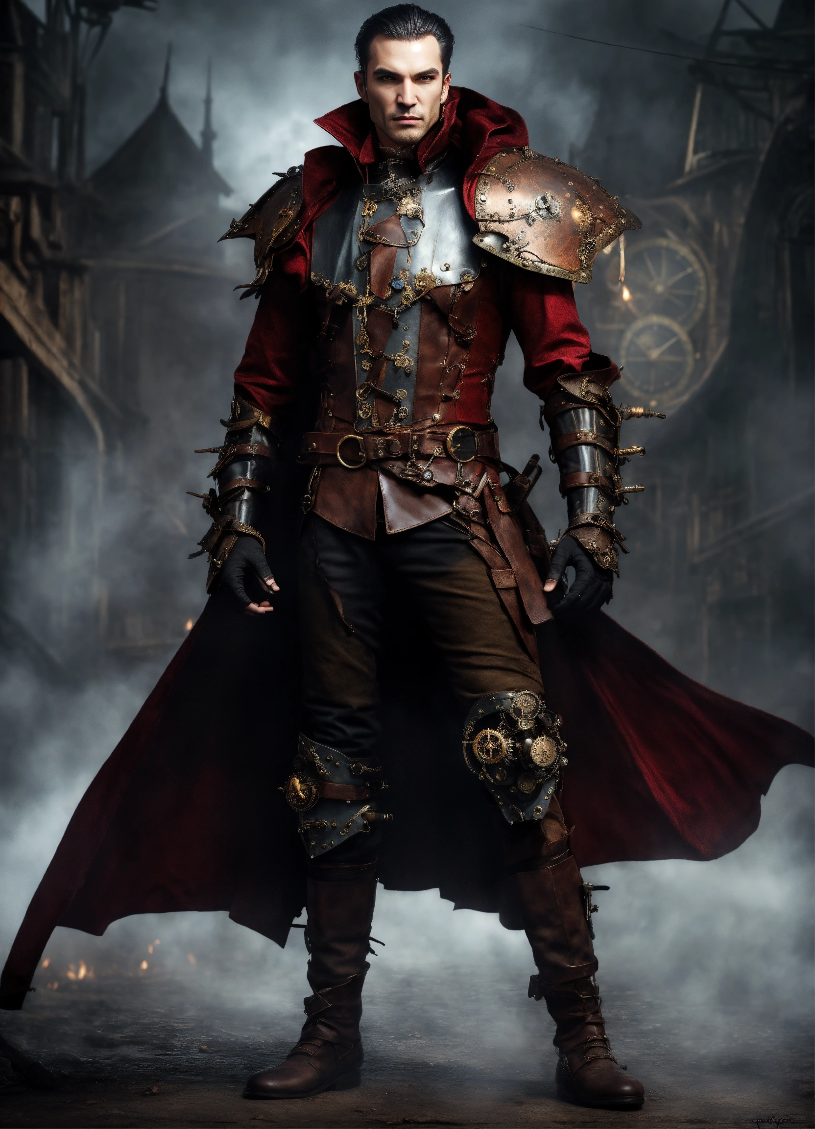 Lexica - Male steampunk vampire wearing leather armor, fantasy art stlye