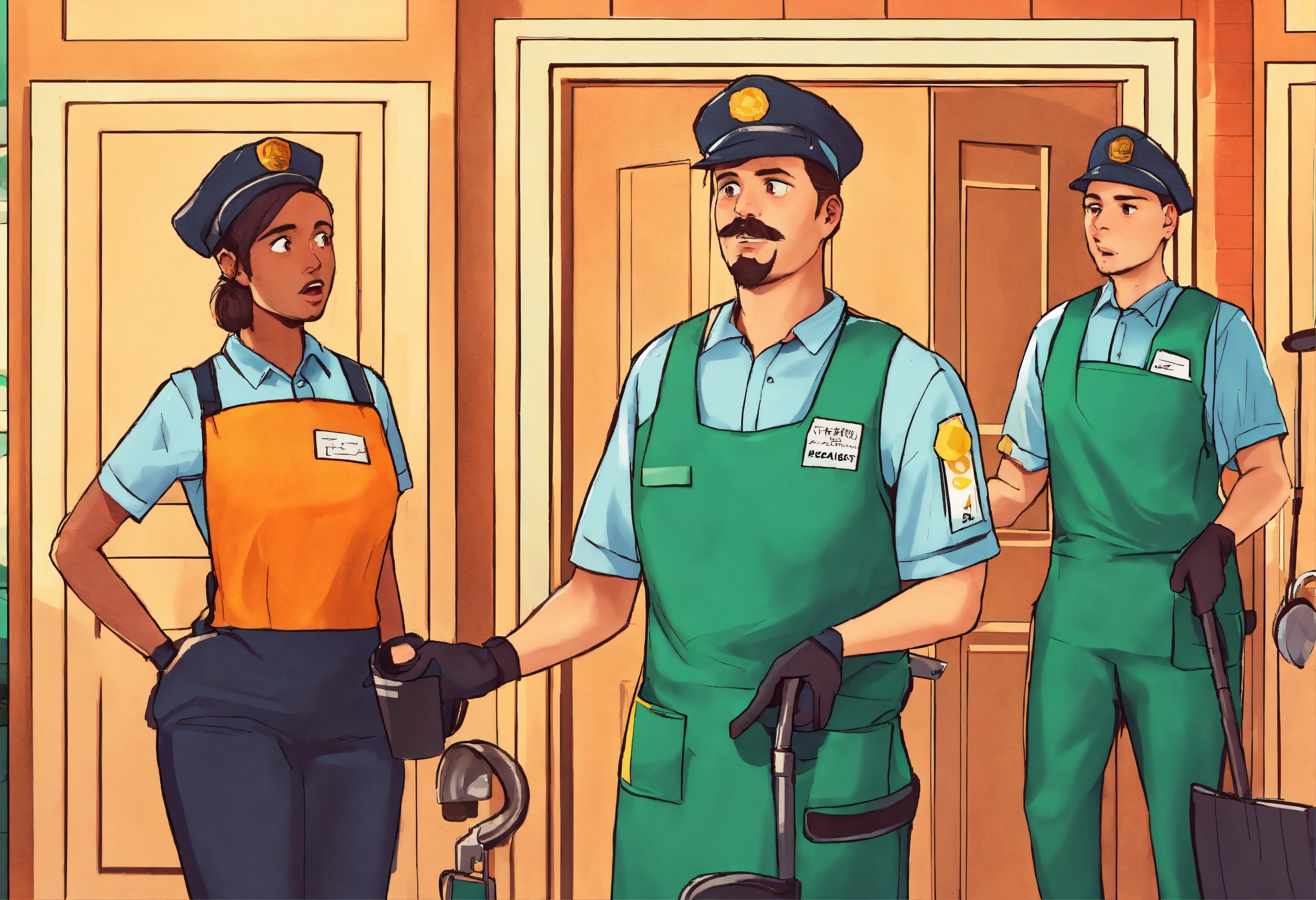 Lexica - Untra realistic two cleaning staff talking with security guard ...