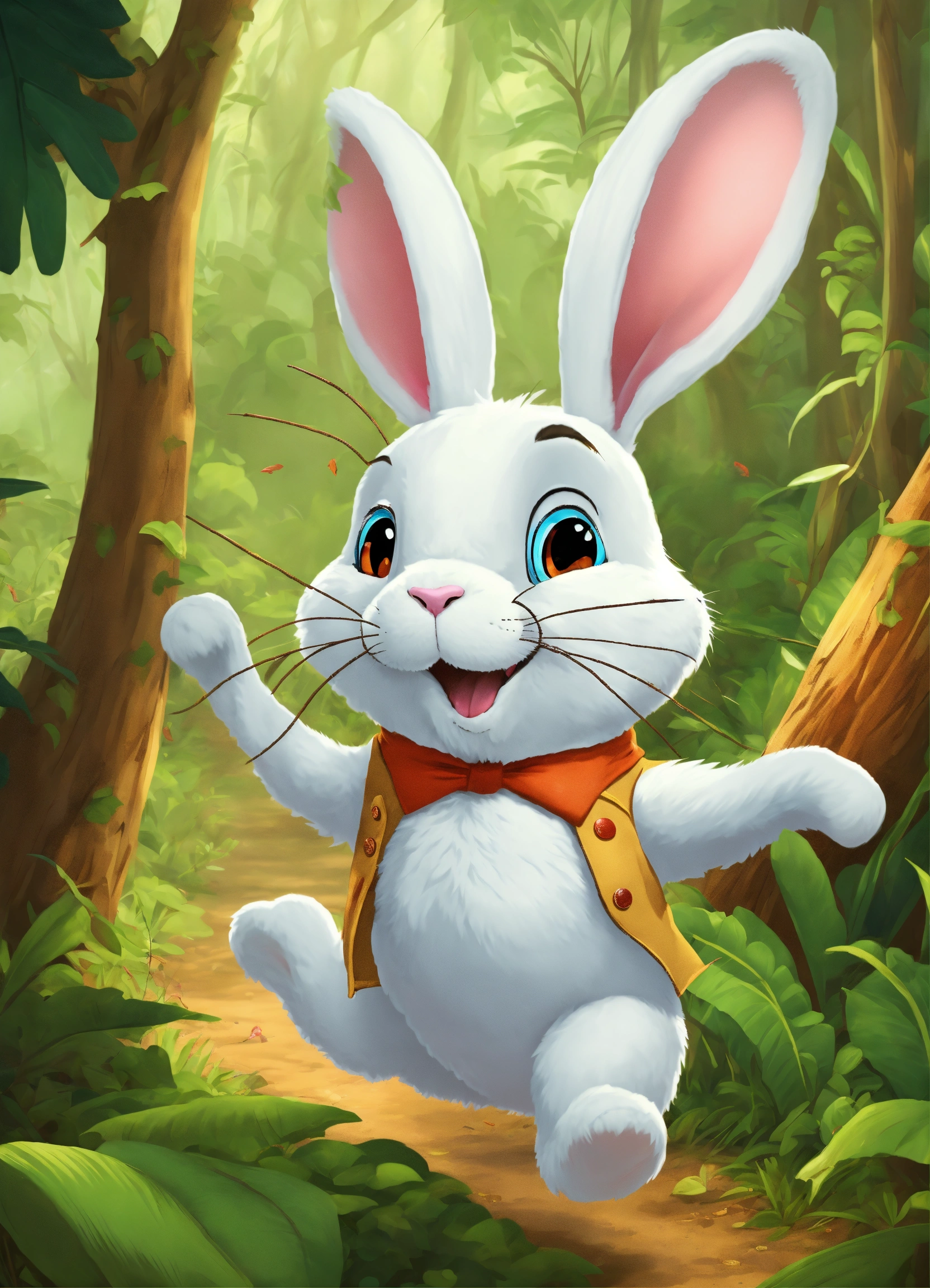 Lexica - Let cartoon big white rabbit run on two legs in jungle