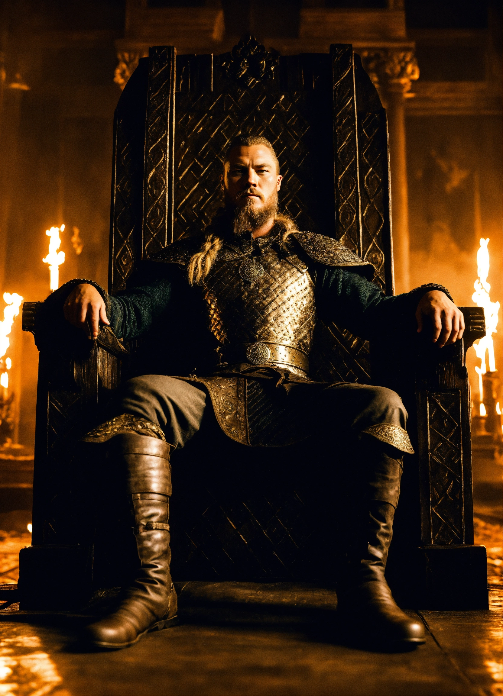 Lexica - Ragnar lothbrok sitting on a wodden throne in a dark room and ...