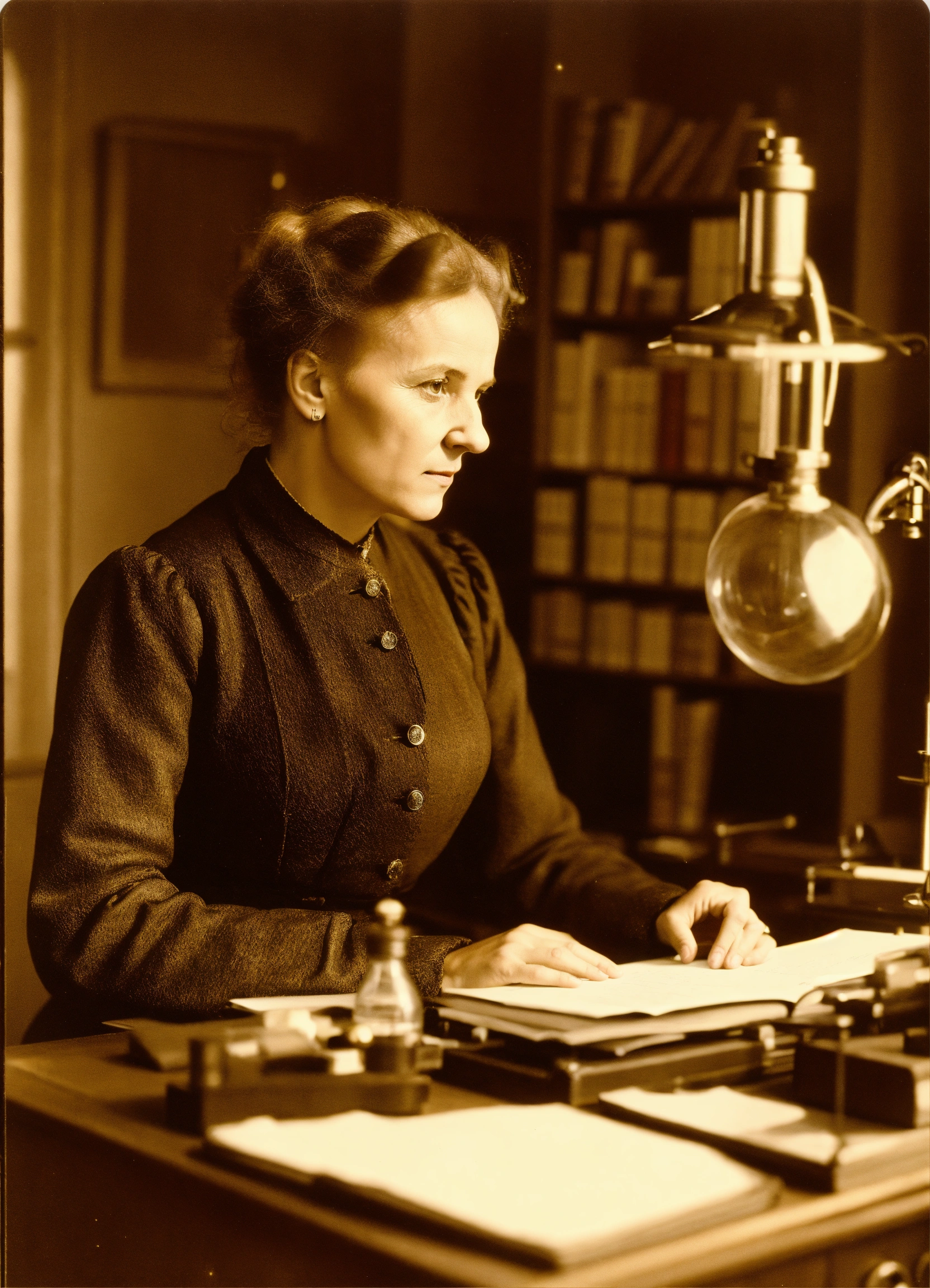 Lexica - Marie curie dans un bureau de physicien