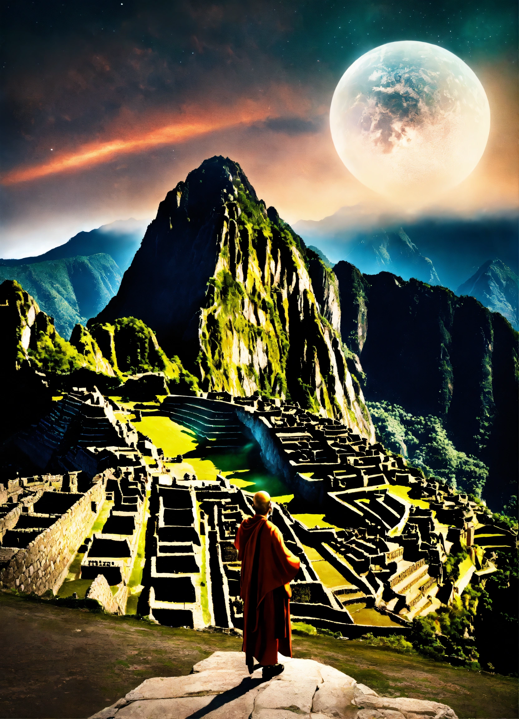 Lexica - Machu Picchu, alien spaceship above the sky, earth as a post ...