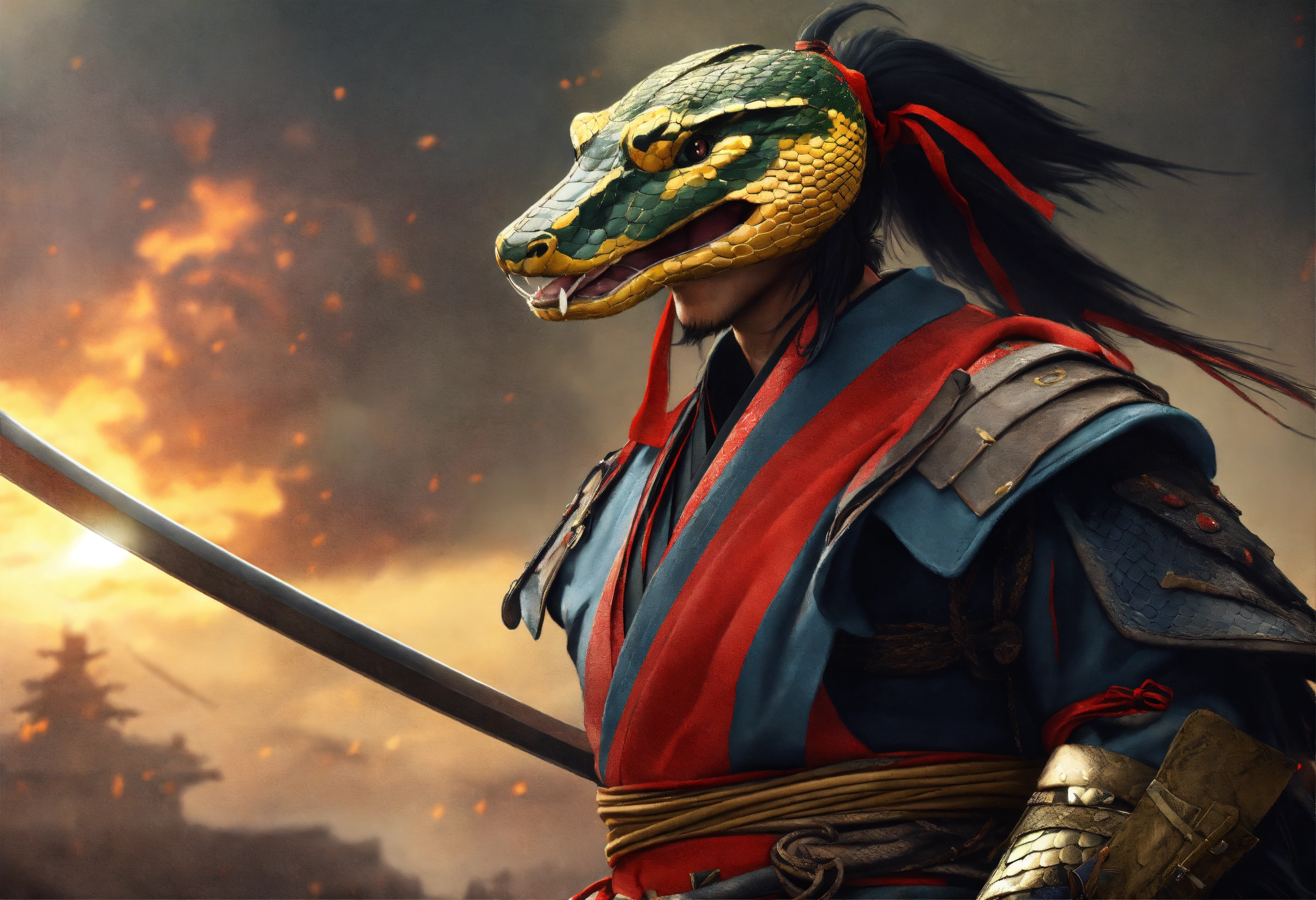 Lexica - Snake Samurai. Battlefield. Hyper realistic.