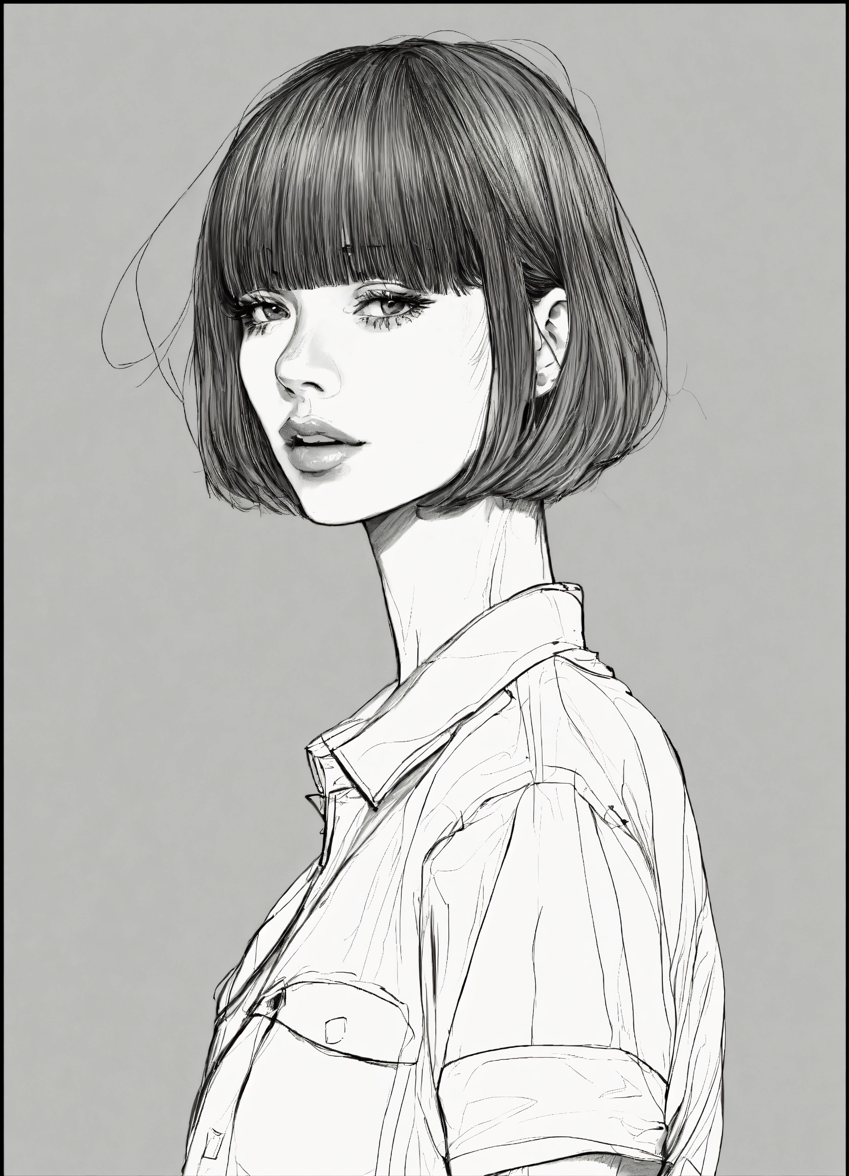 Lexica - Black and white line drawing, skinny girl, bob with bangs ...