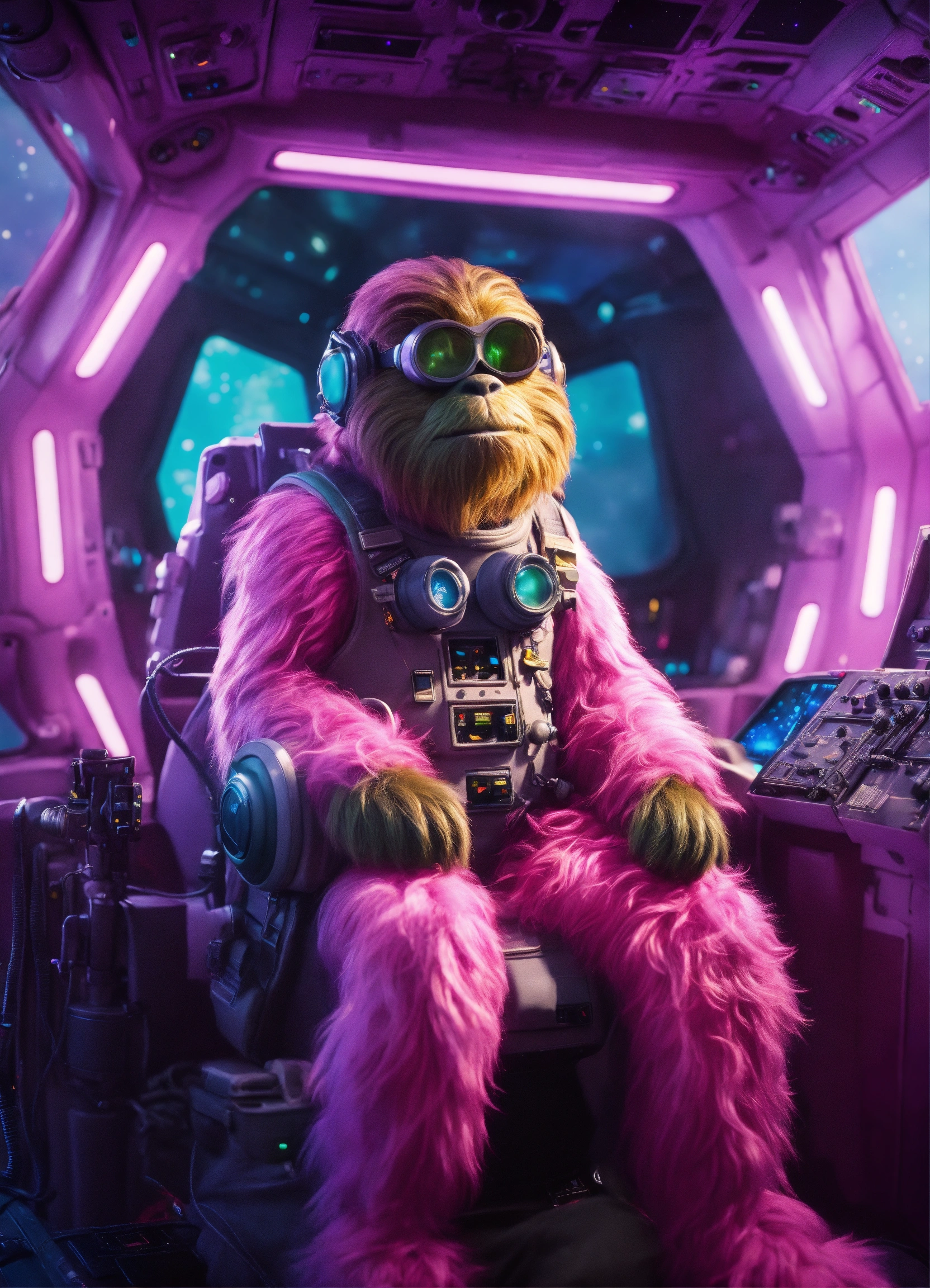 Lexica - Big pink and purple hairy alien wookiee wearing space goggles ...