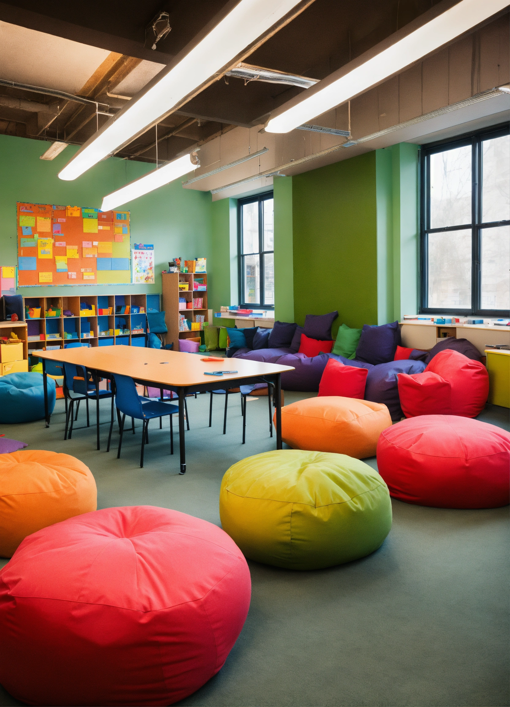 Lexica - A classroom with bean bags, an art corner with sofas, and ...