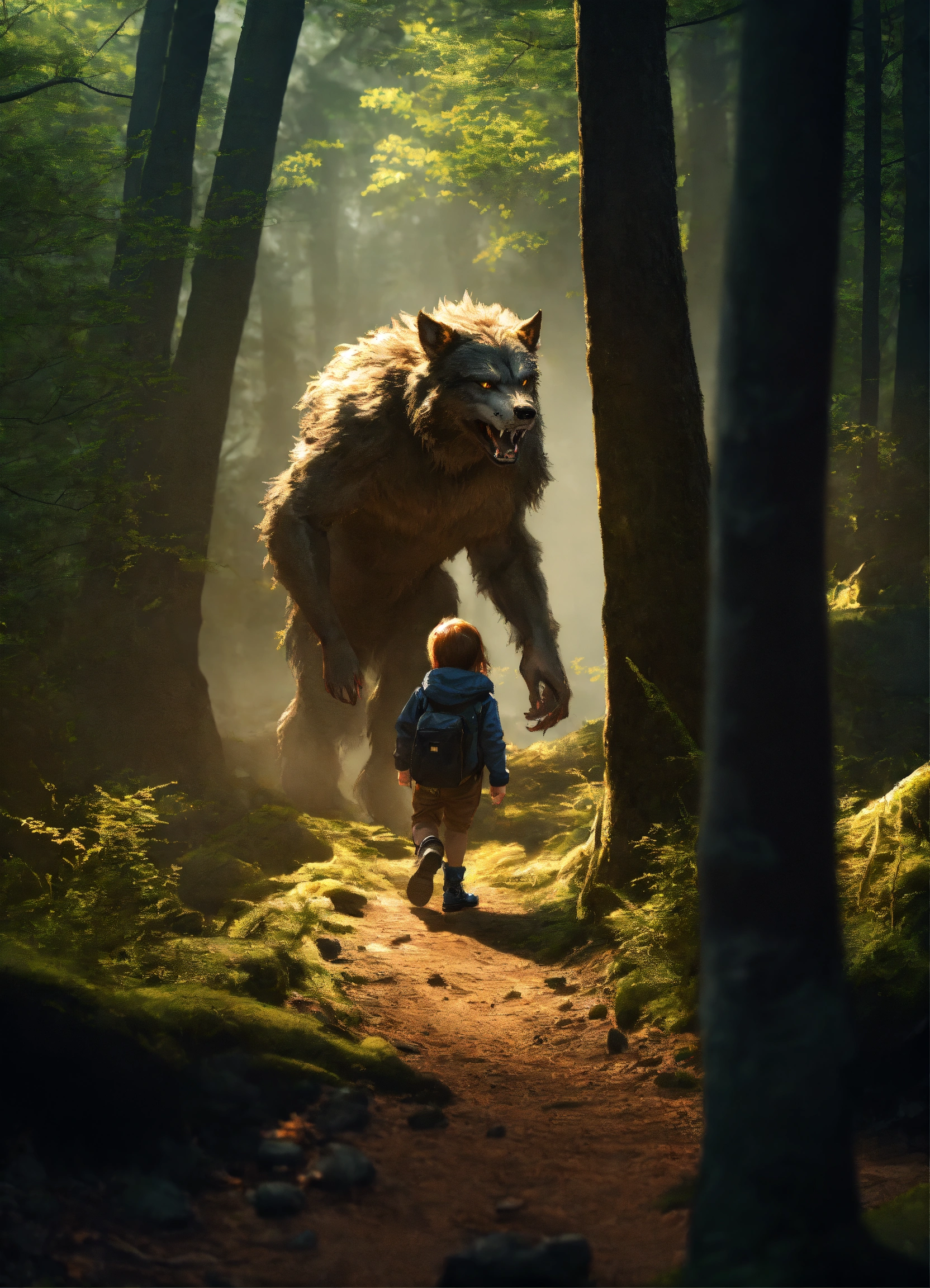 Lexica - A realistic full body werewolf stalking children in a scary ...