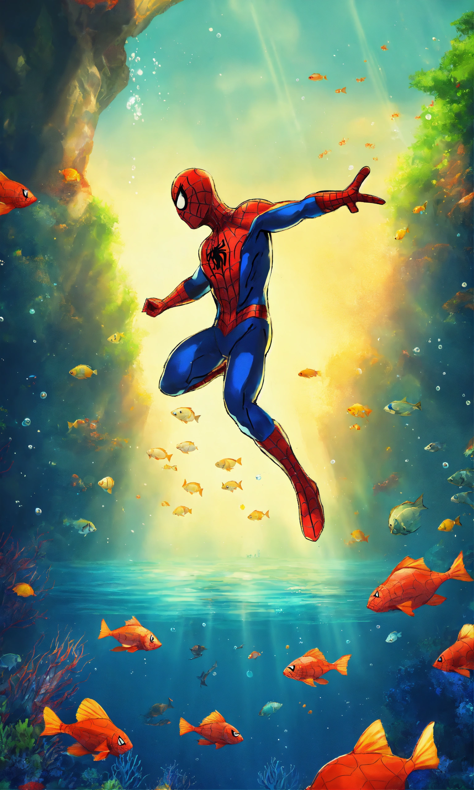 Lexica - Spiderman swimming with fish underwater in the ocean, nature ...