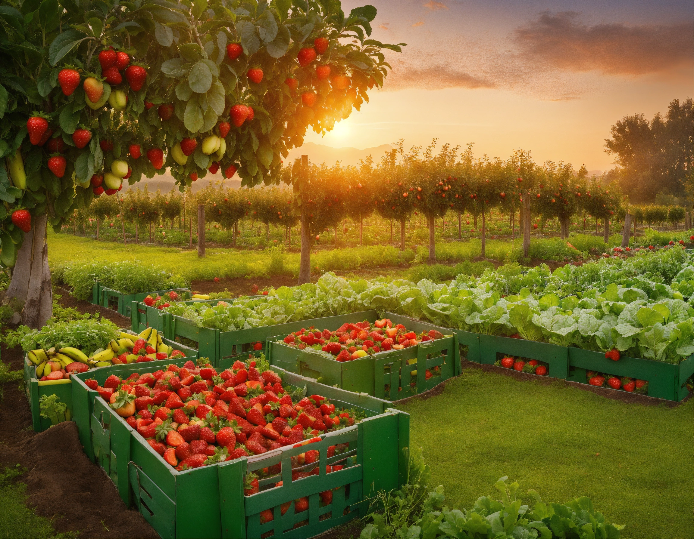 Lexica - Sunset over a heavenly vegetable garden surrounded by apple ...