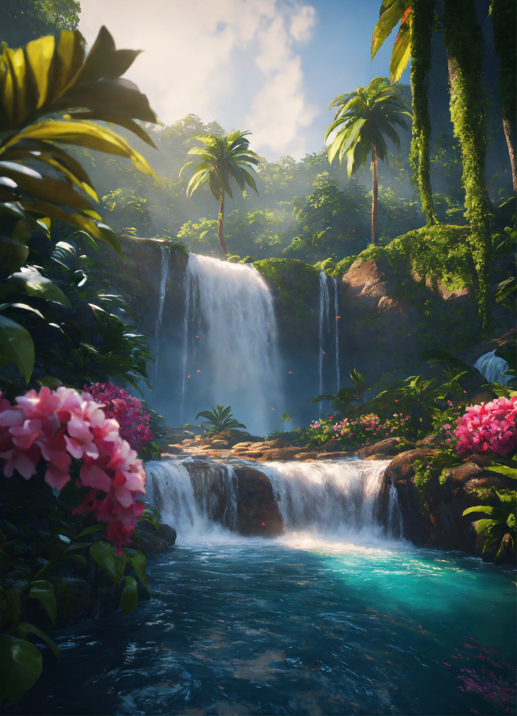 Lexica - Tropical landscape, large cascading waterfall, tropical ...