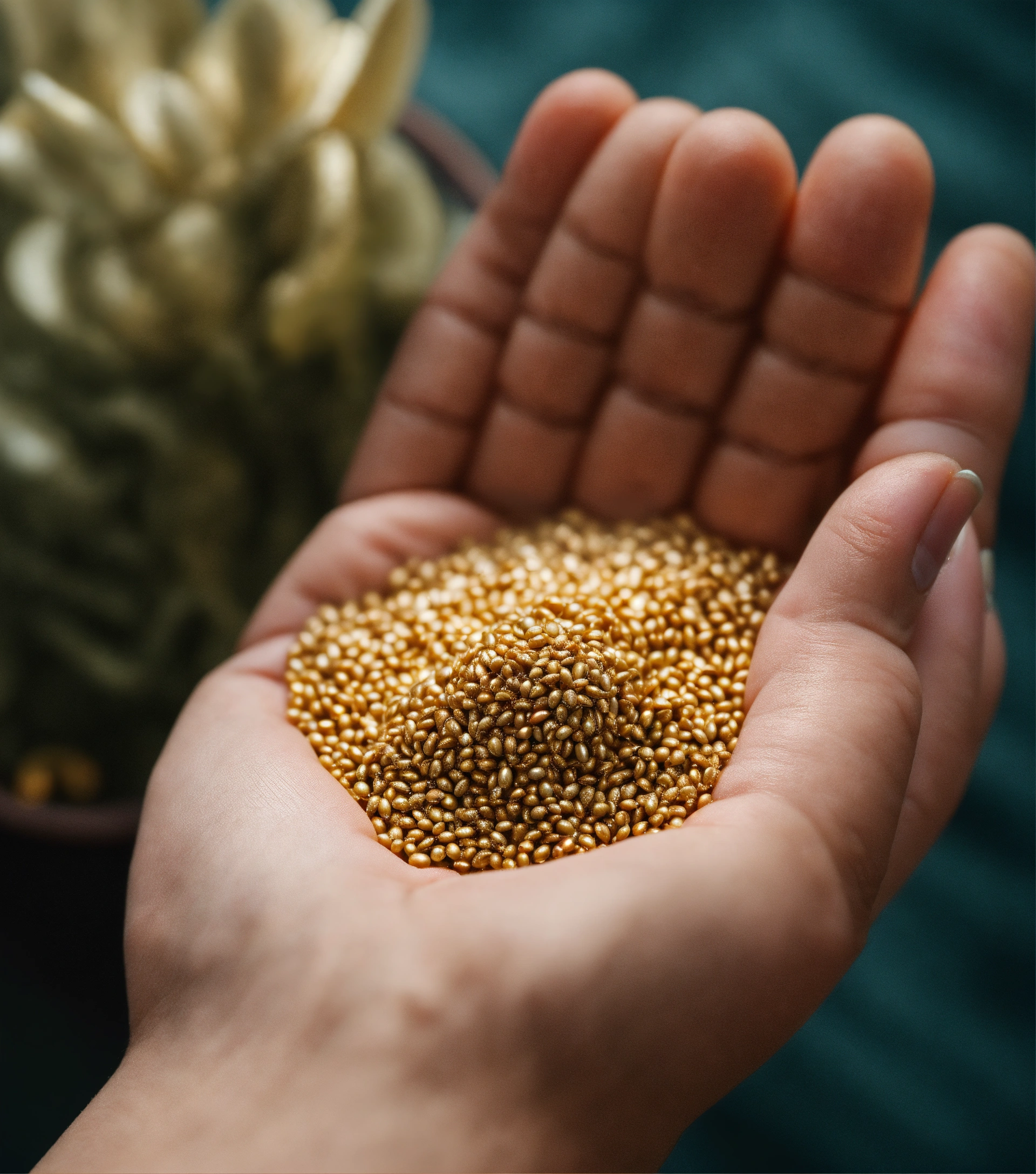 Lexica - A realistic photo of a single golden seed being holded by two ...