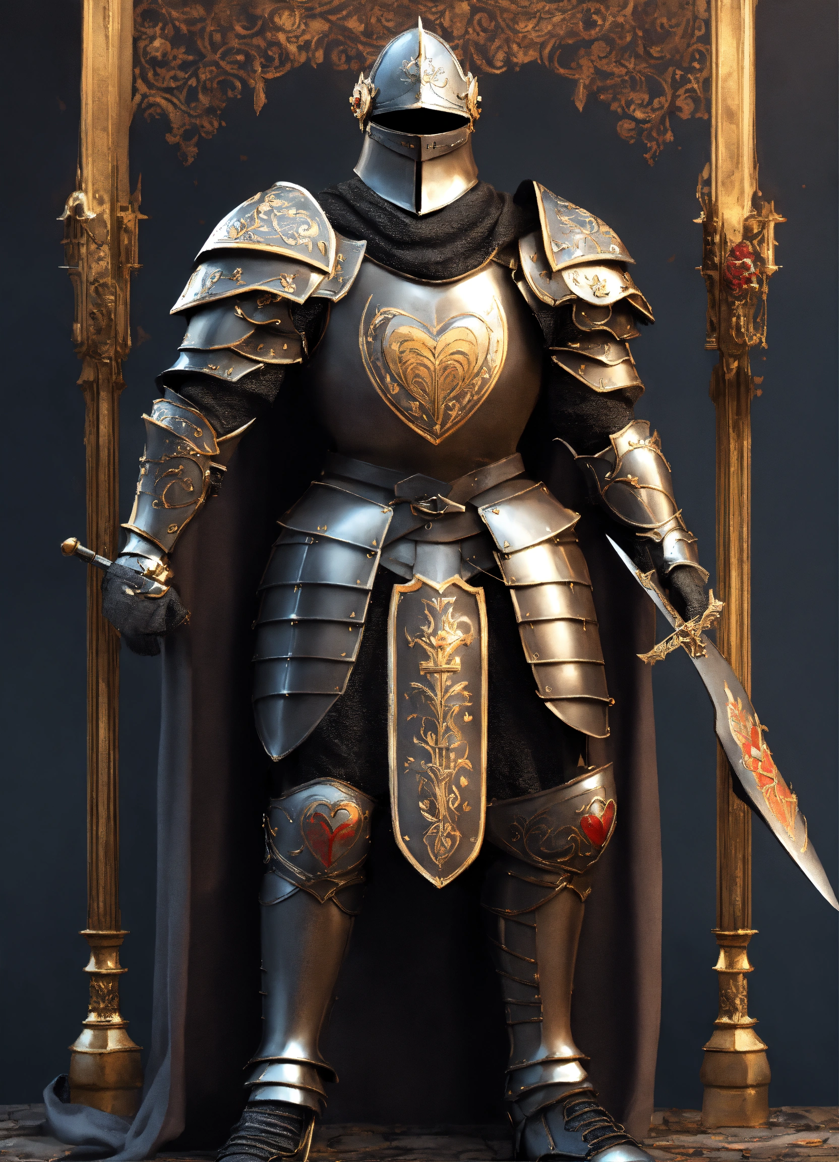 Lexica - Tall strong knight in dark gray armor with heart shaped ...