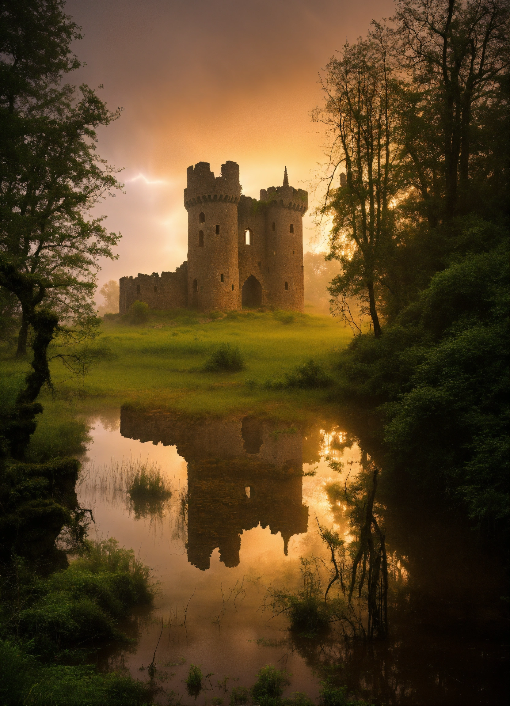 Lexica - Ruin of a stone castle in the middle of a foggy swamp ...