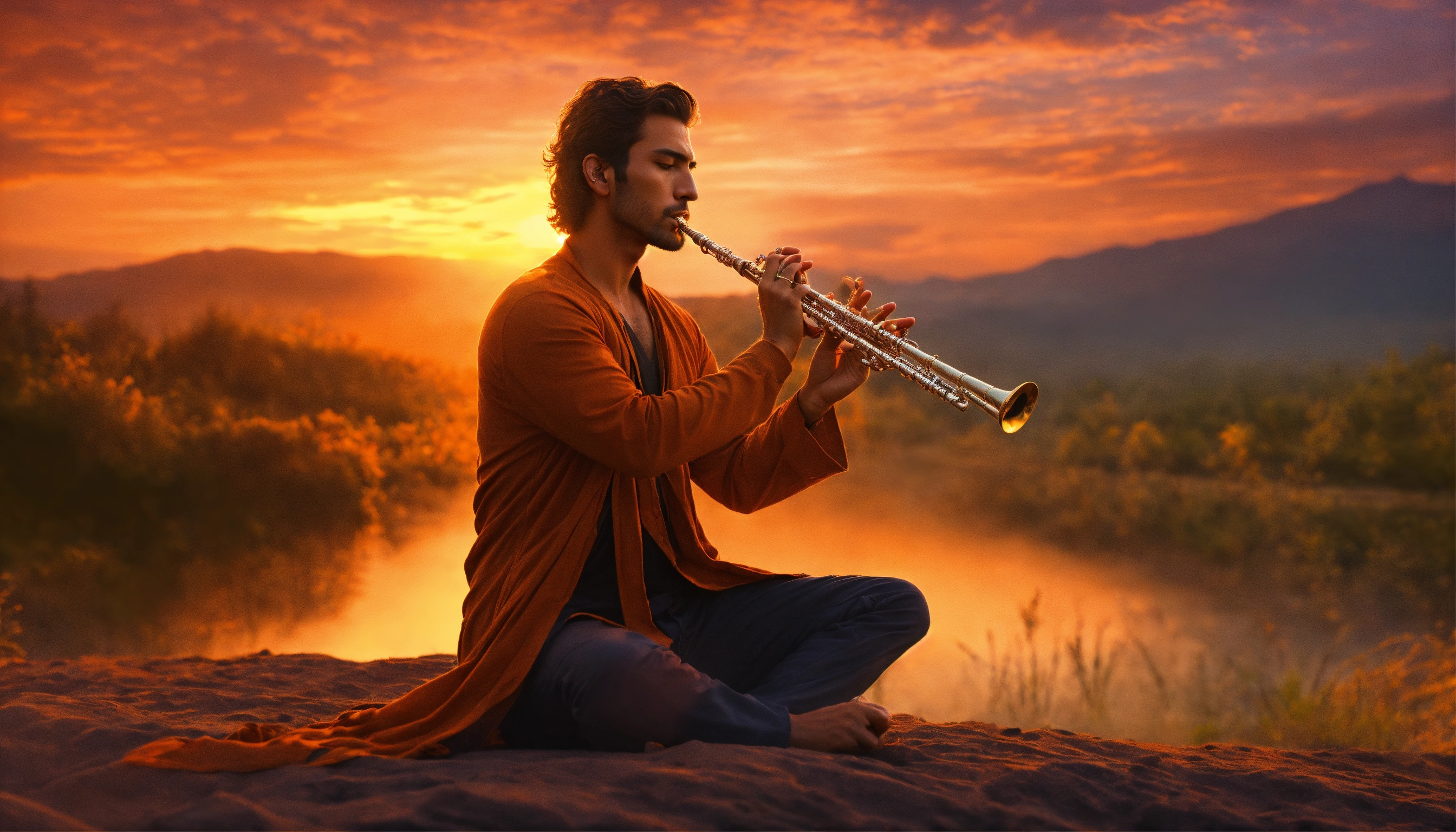 Lexica - Mystic flute meditation, earth tones, bright orange sunset ...