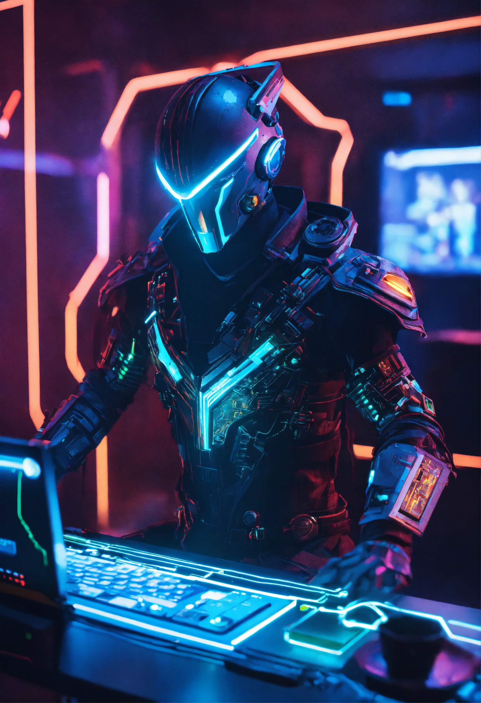 Lexica - A Futuristic cyberpunk masked, half robot warrior using a ...