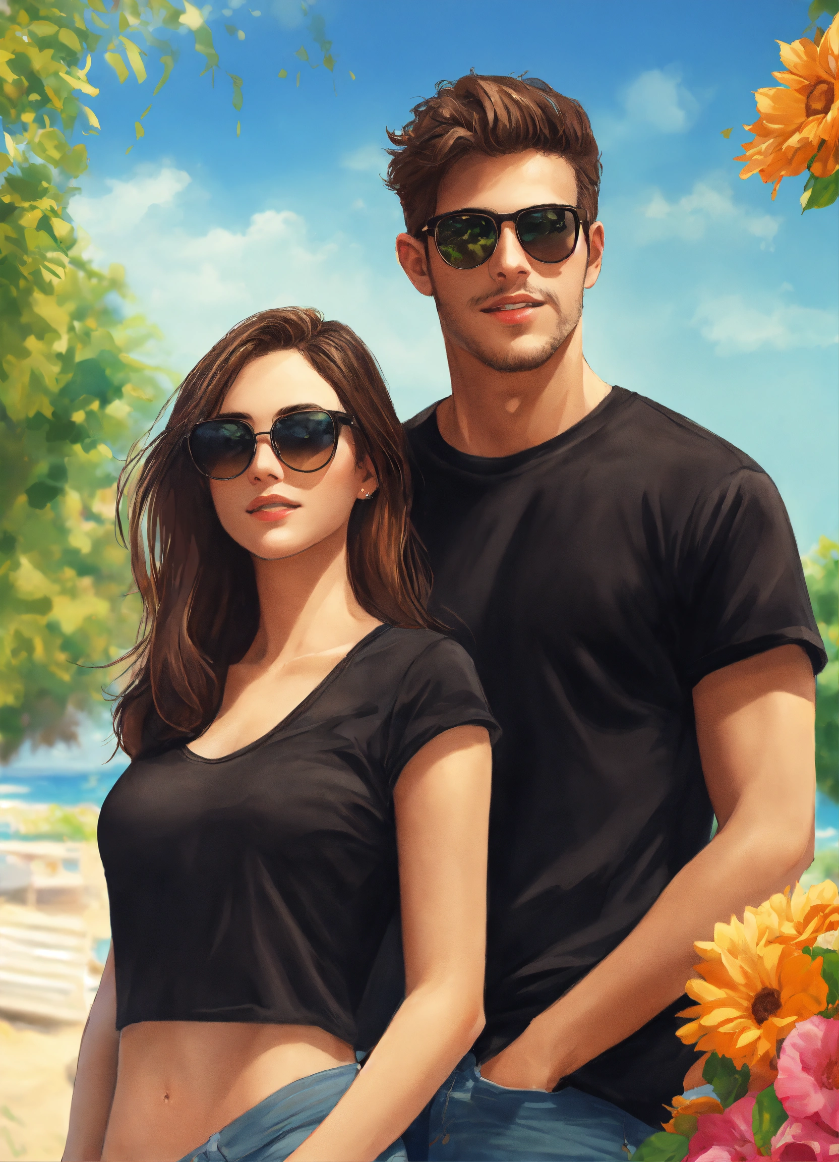 Lexica - Realistic image Depicting summer, couple wearing black t-shirt ...