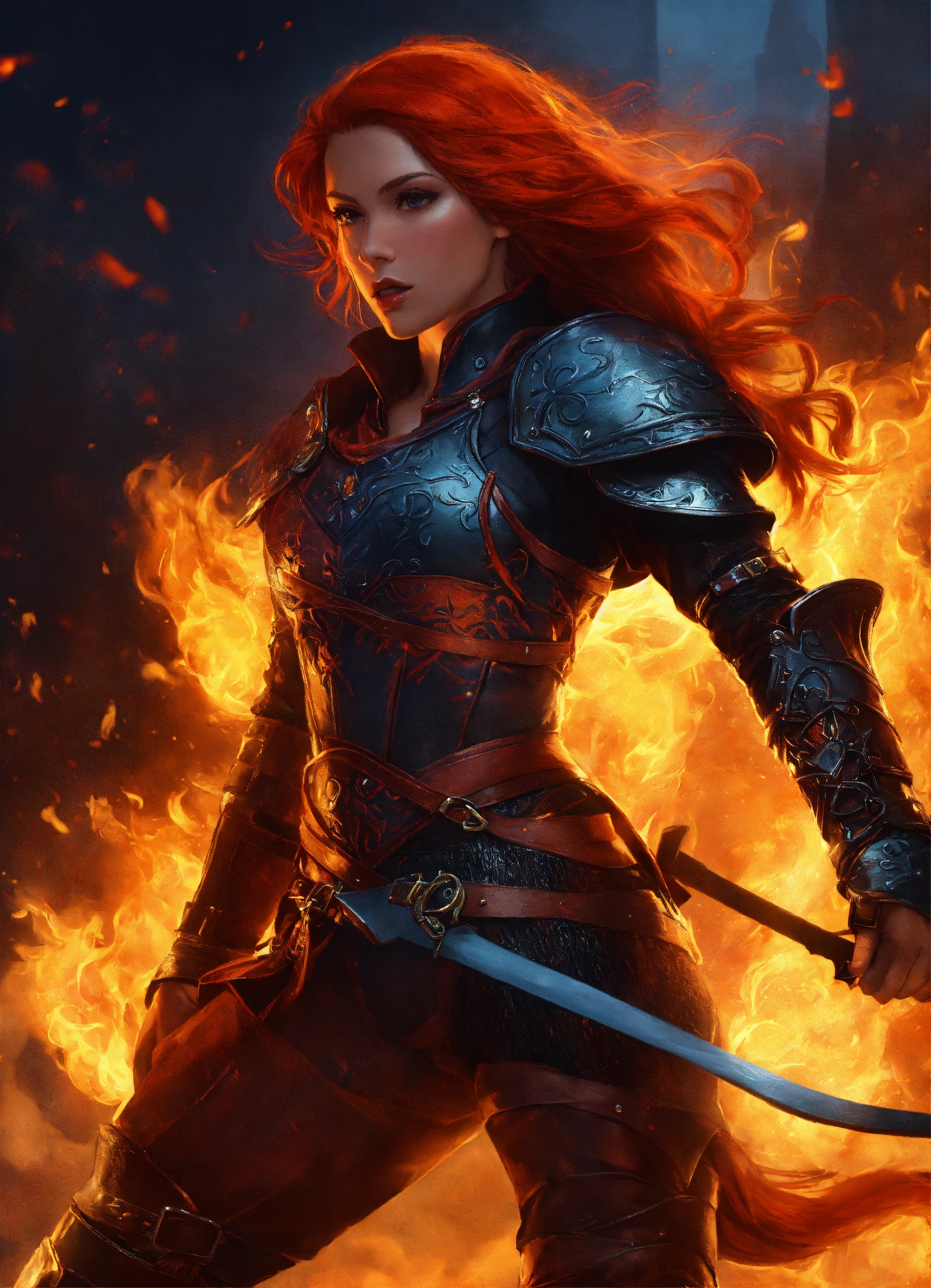 Lexica - "striking fantasy redhead", leather armor, confident, midnight ...