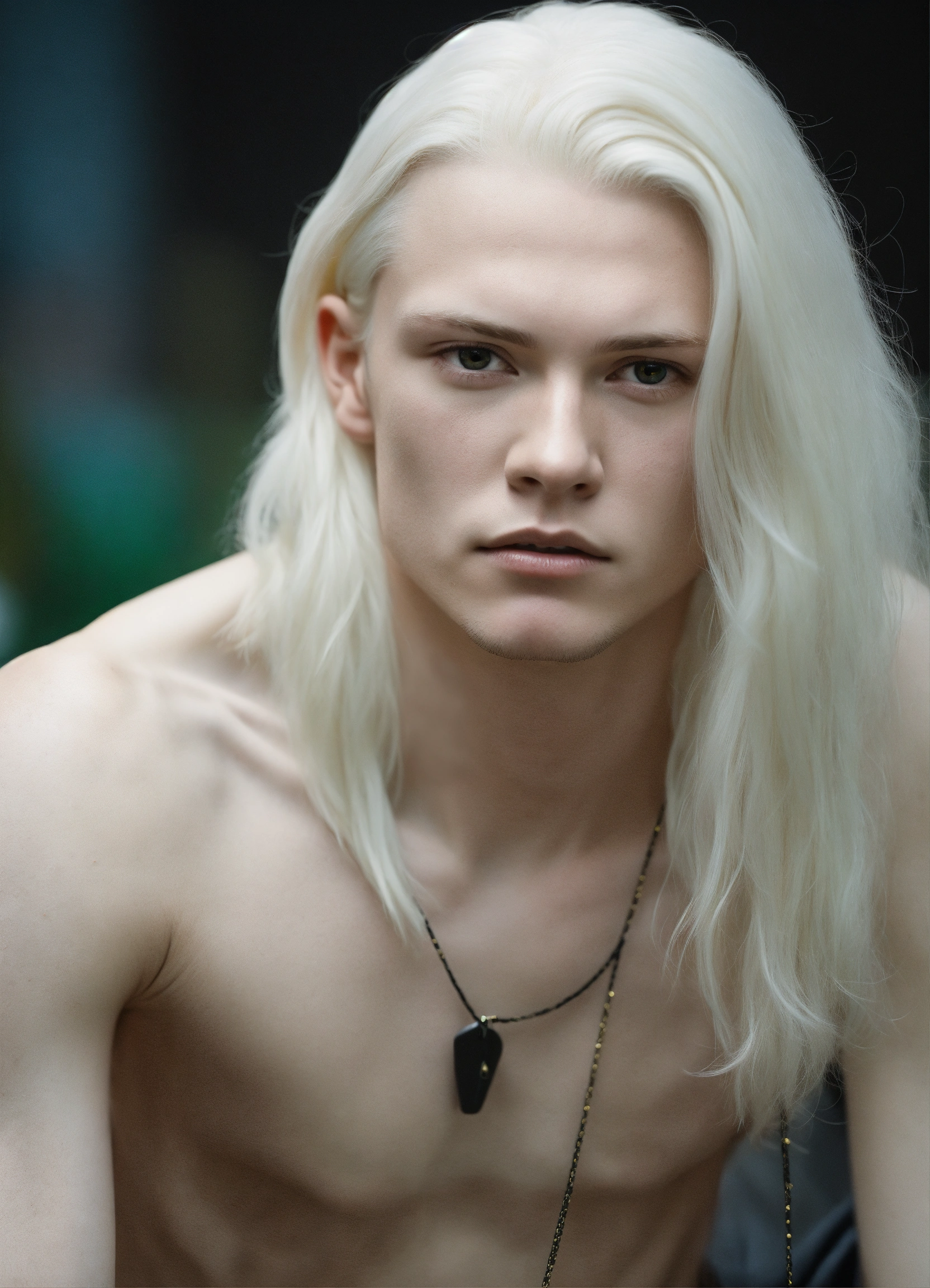 Lexica - Gorgeous albino adult male with white shoulder-length hair ...