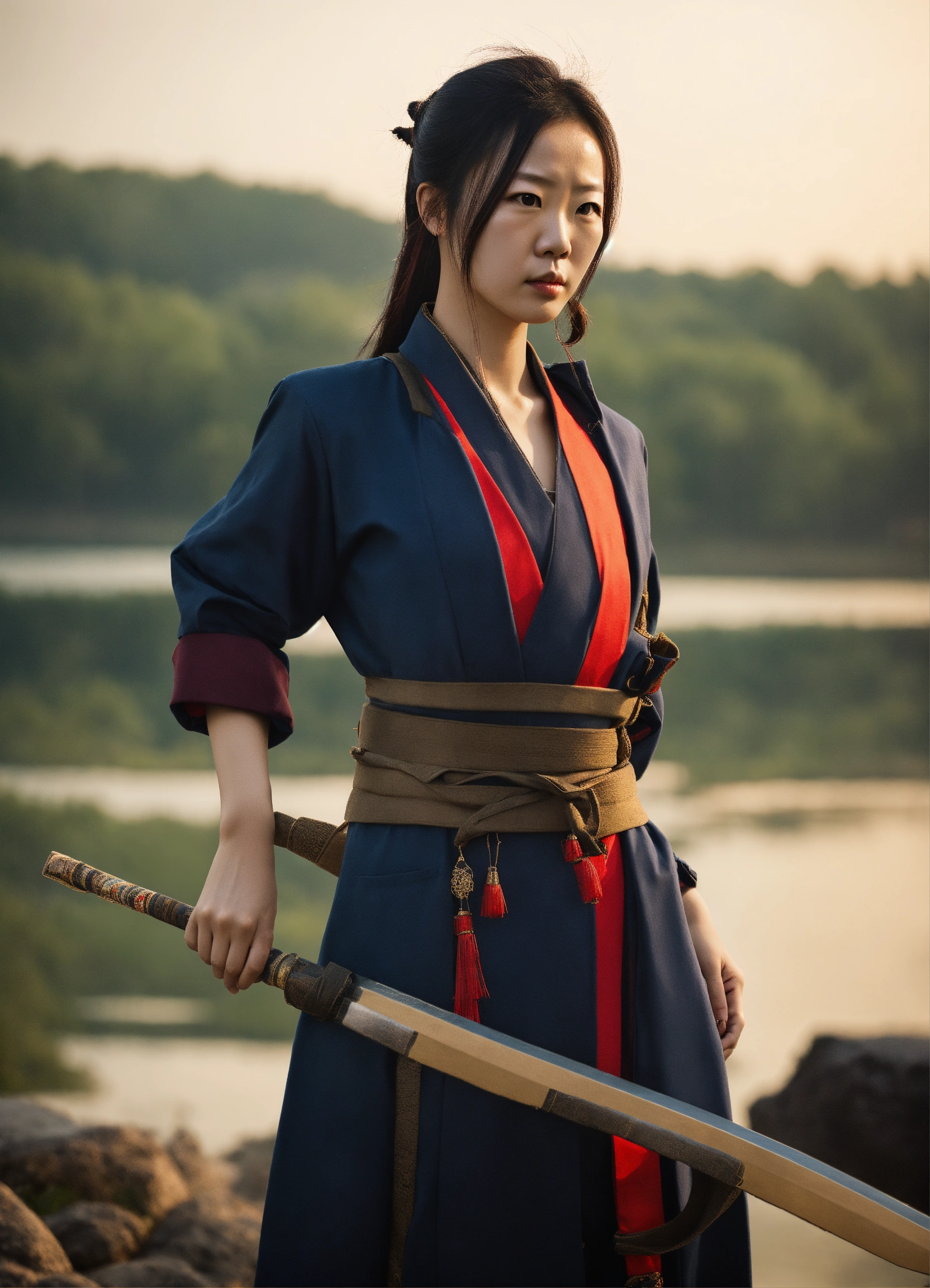 Lexica - Modern chinese female assassin, long-distance mood shot by lake