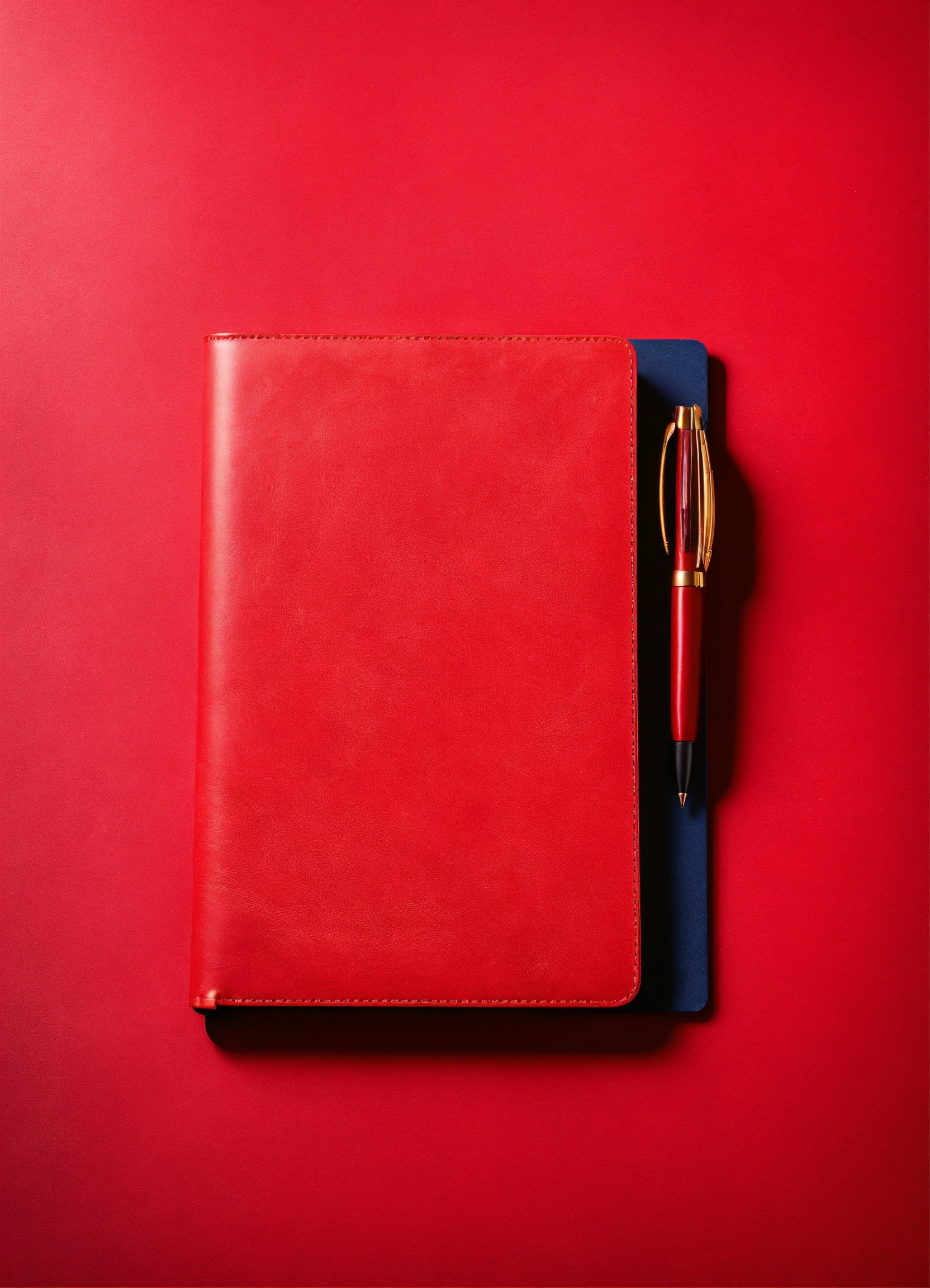 Lexica - Leather notebook with pen lying on a red table, top view ...