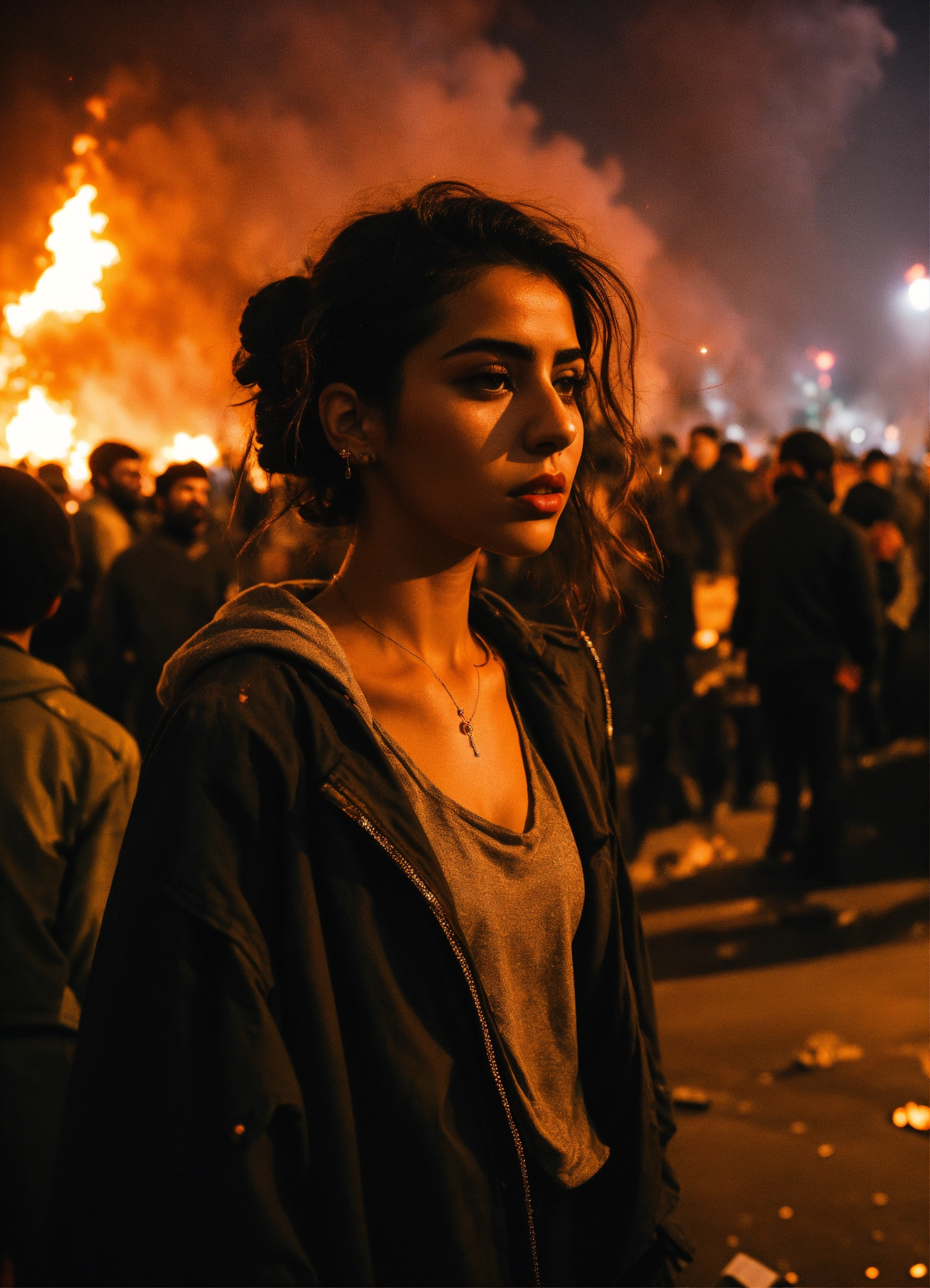 Lexica - Dark aesthetic photo, an Iranian girl amidst a chaotic street ...