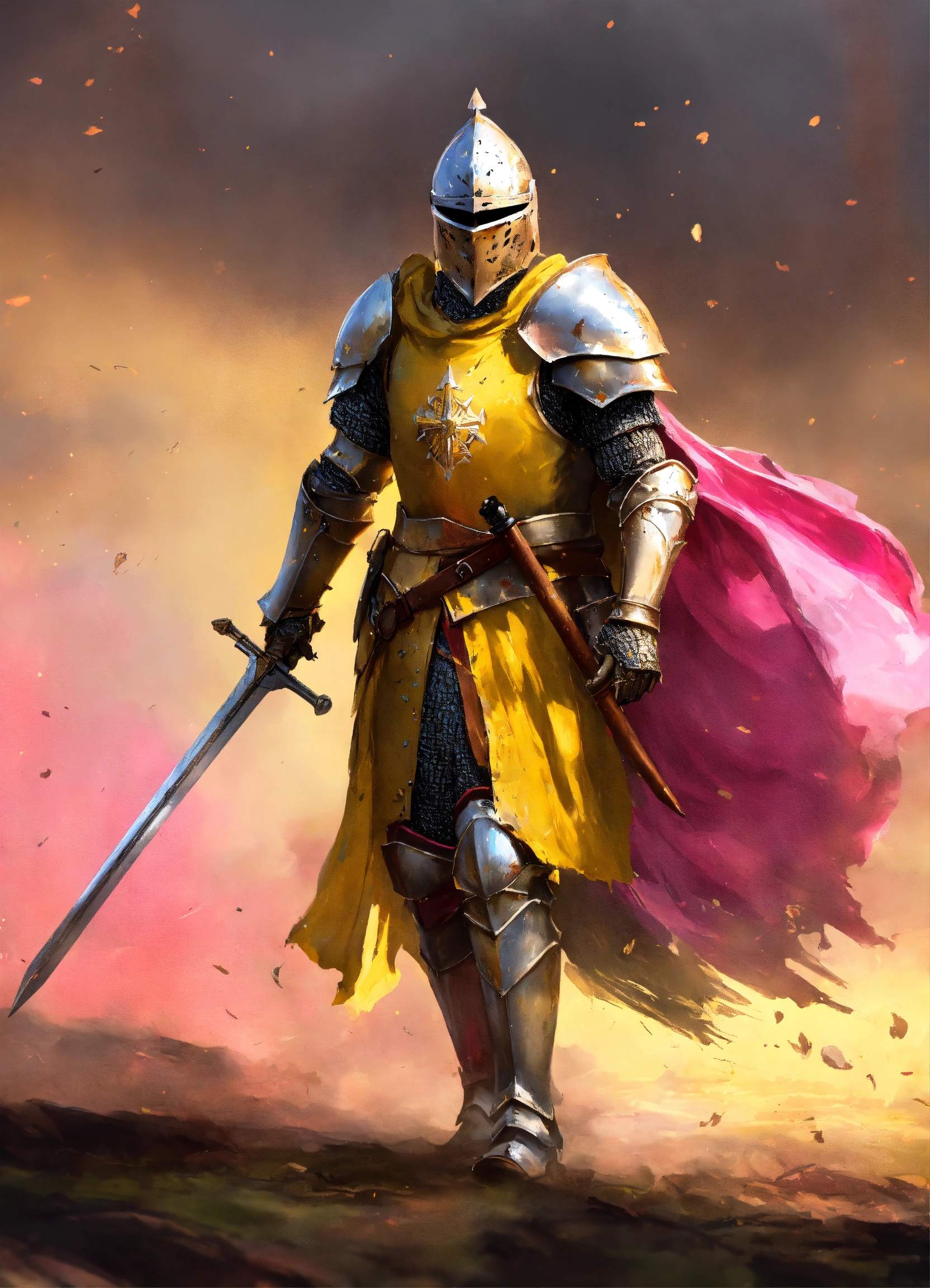 Lexica - A good paladin knight in yellow and pink, damaged armour ...