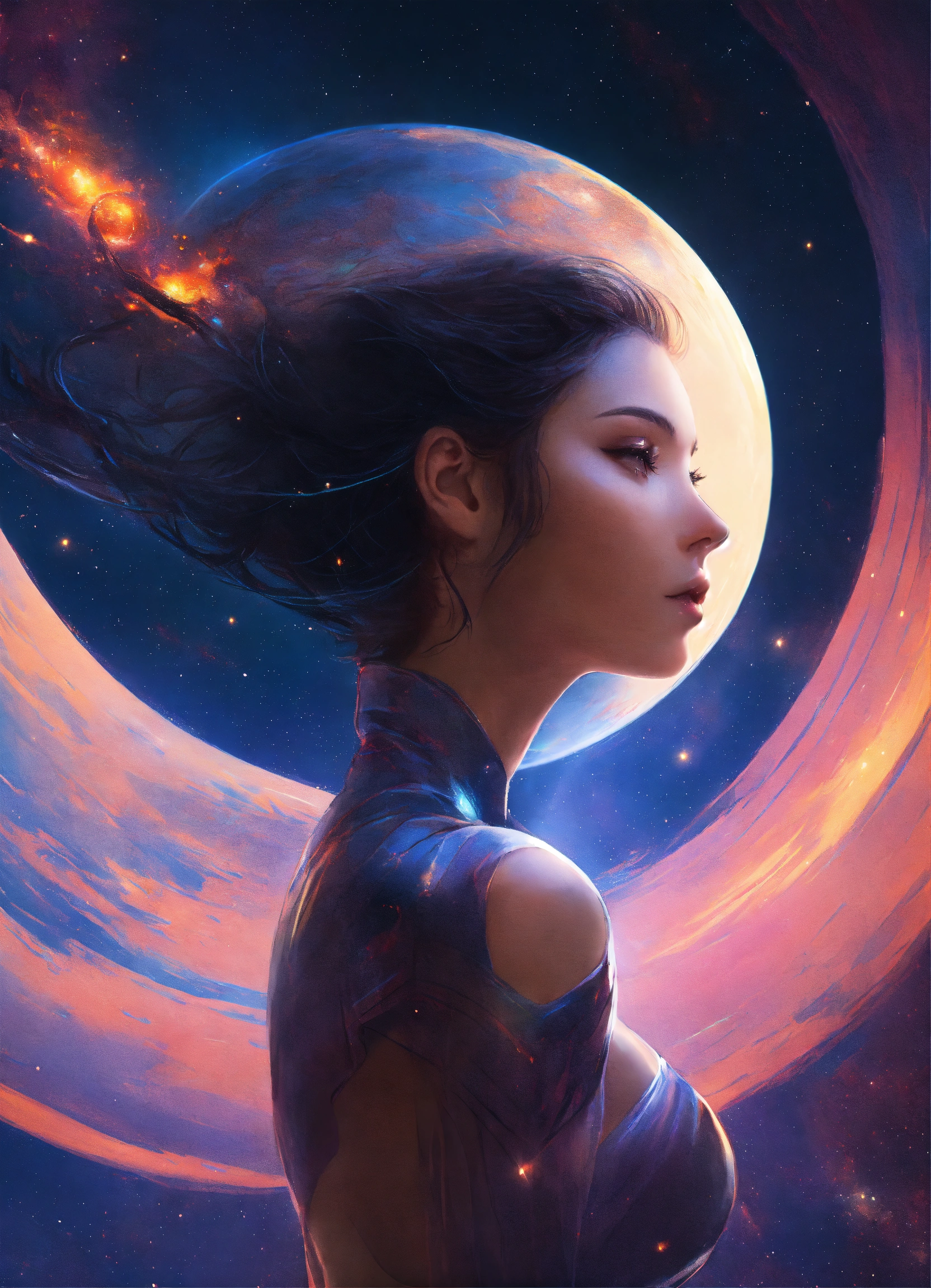 Lexica - A beautiful woman, barely clothed, floating in the void of space, a planet right behind her