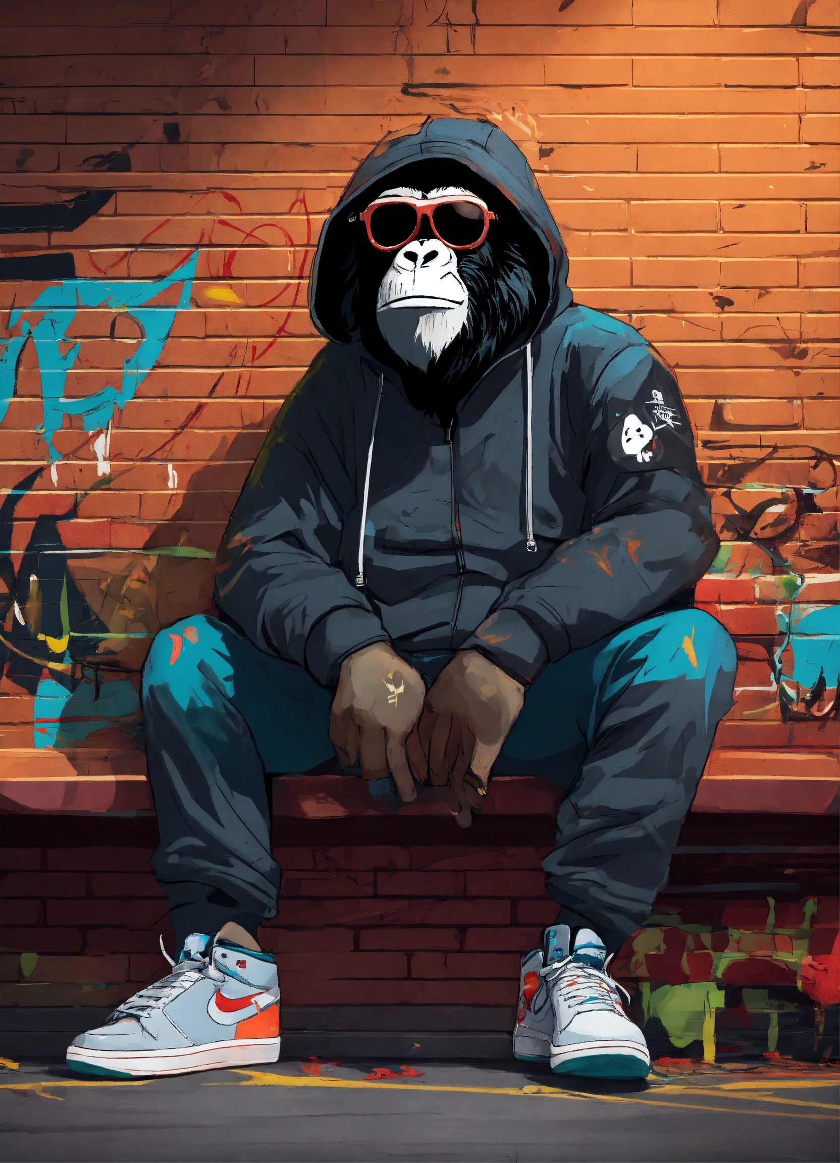 Lexica - An ape wearing a black hoodie and aviator glasses and jordans ...