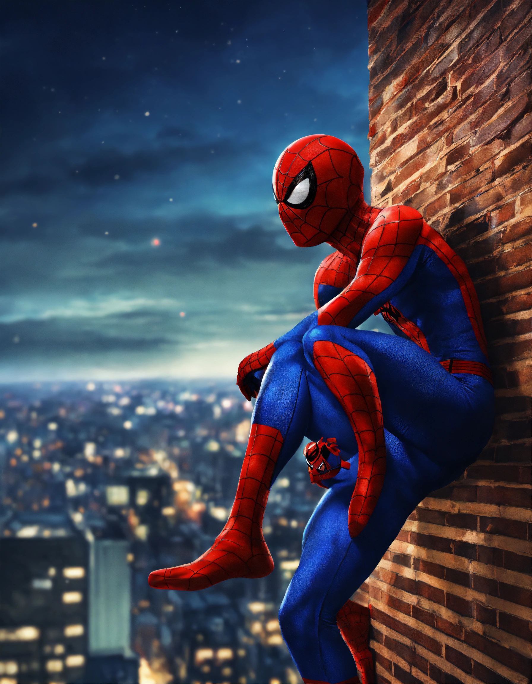 Lexica - A realistic Spiderman, climbing a building, cloudy night sky ...