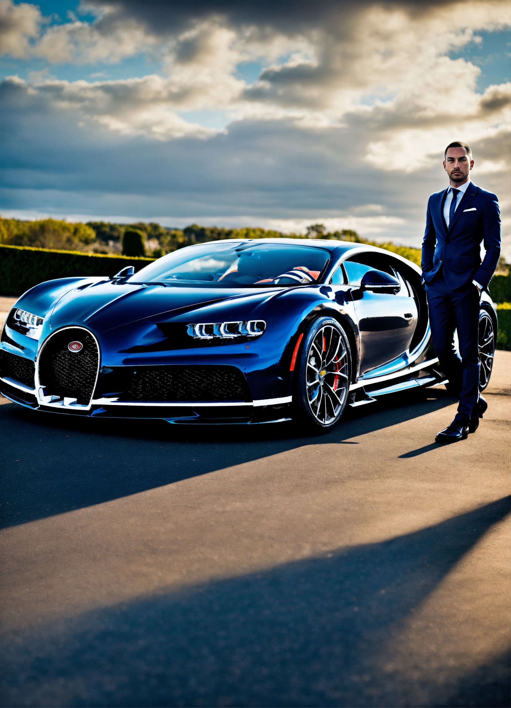 Lexica - Une image de Andrew Tate en costume devant sa Bugatti Chiron ...