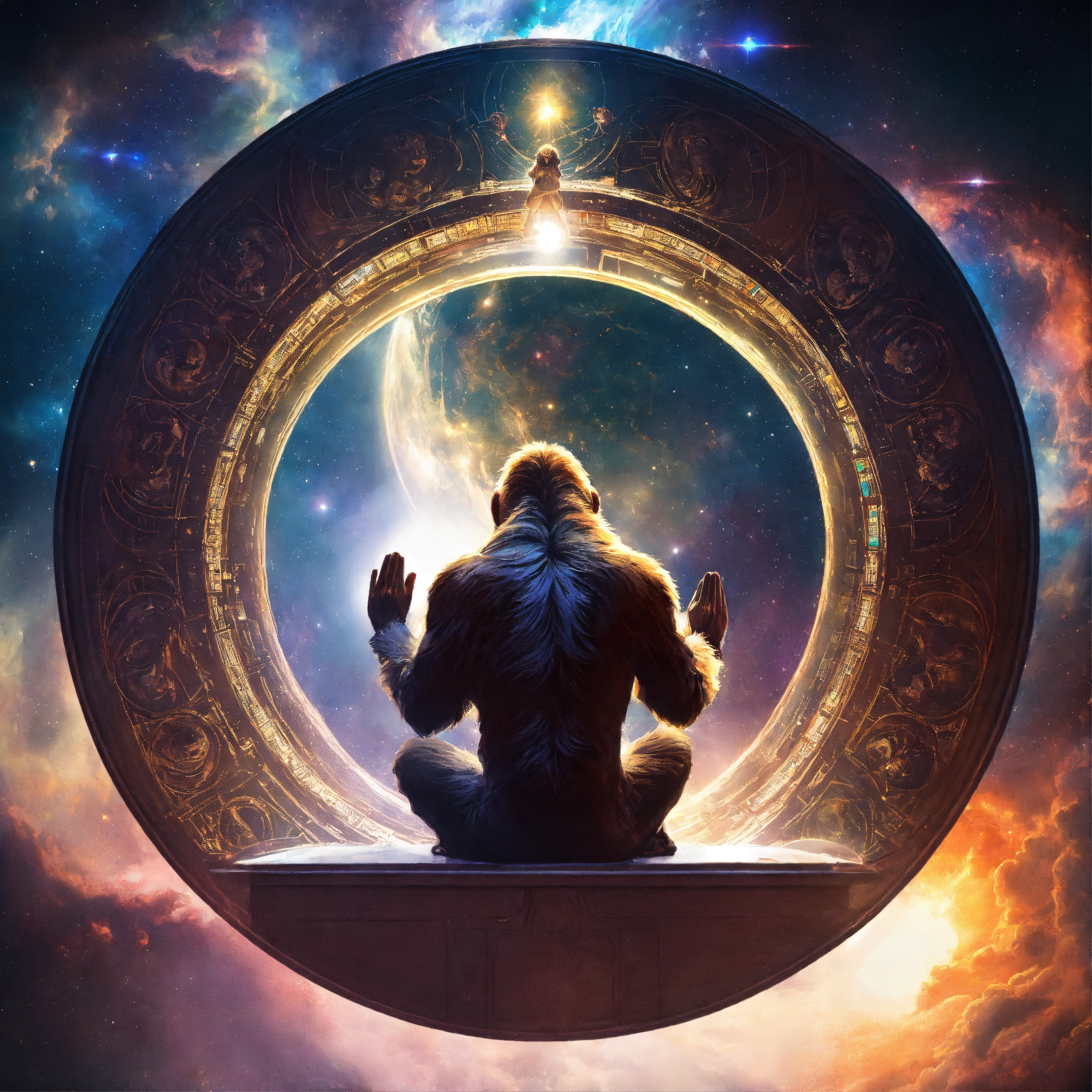Lexica - Apes praying to a human god in space, in circle image ...