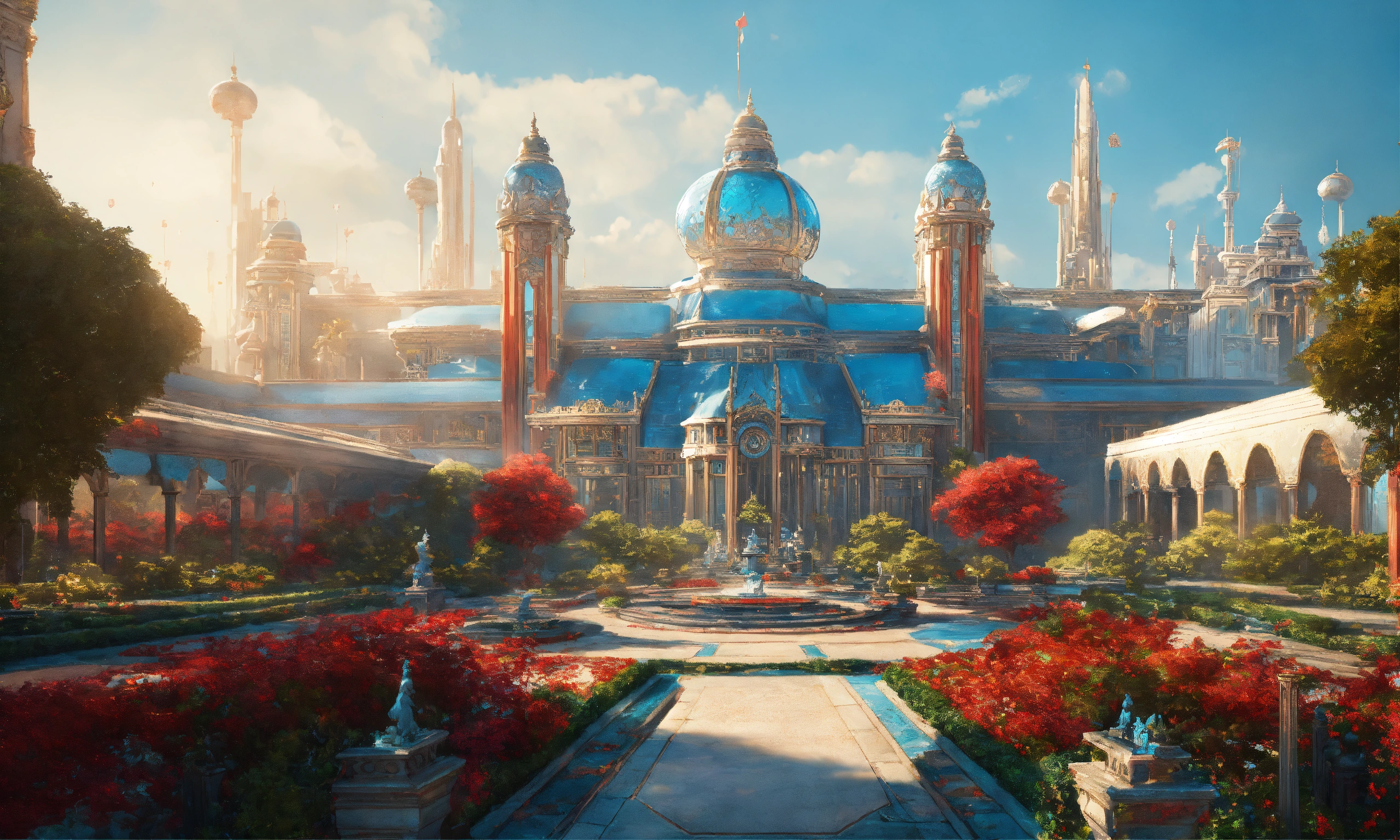 Lexica - Full image of a massive sci fi palace with light blue and red ...