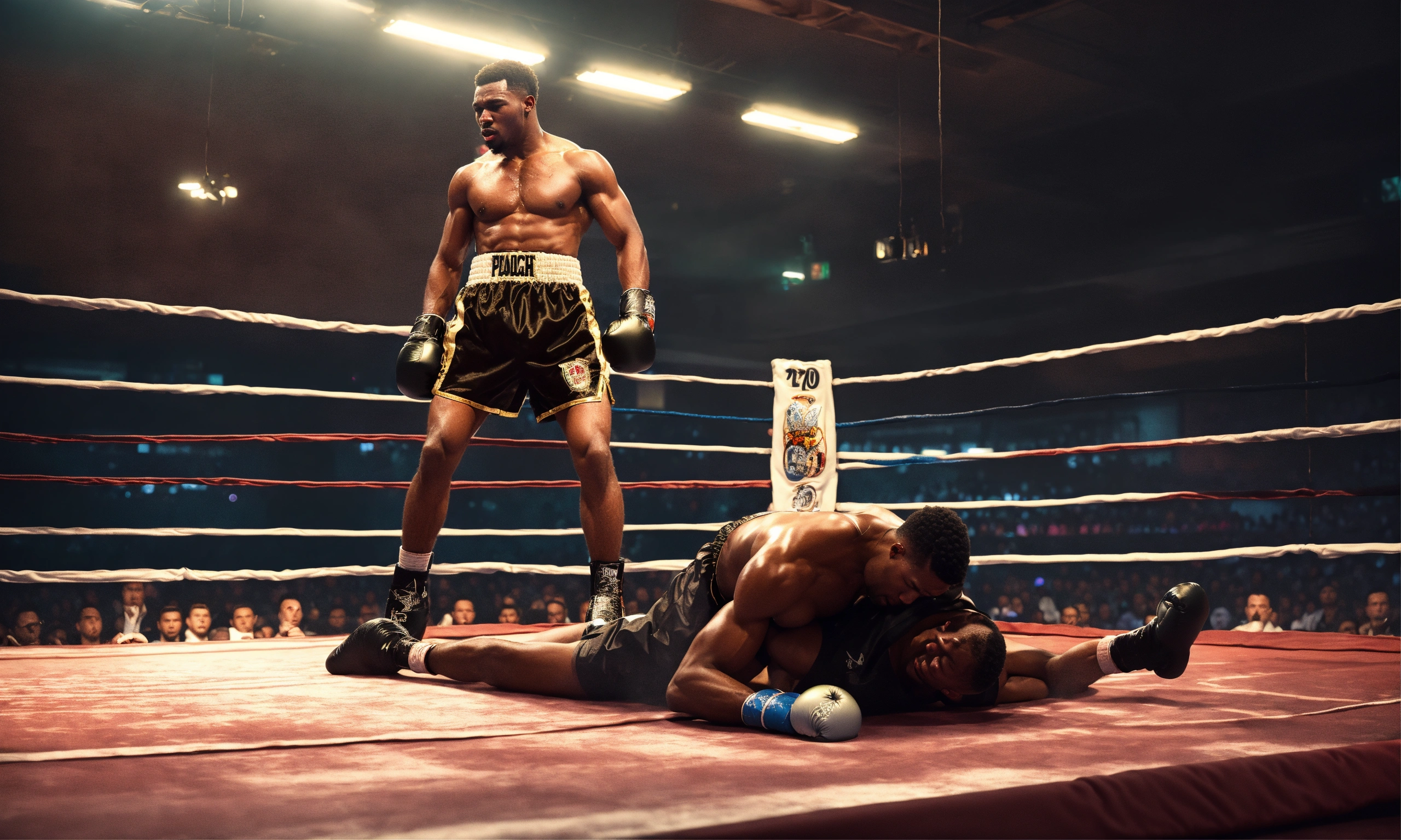 Lexica - Create an image of a man hanging in a boxing ring, leaning ...