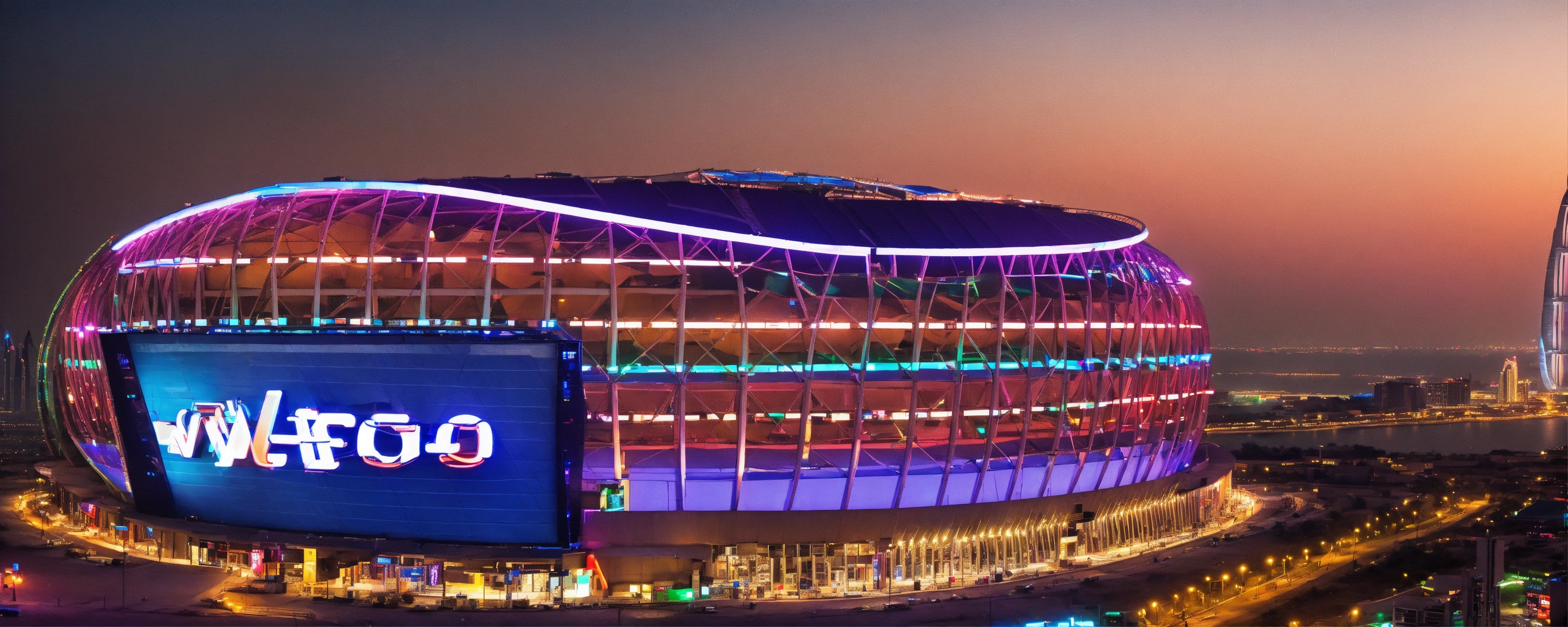 Lexica - Ball shaped stadium name WOFO with ball logo WOFO neon lights ...