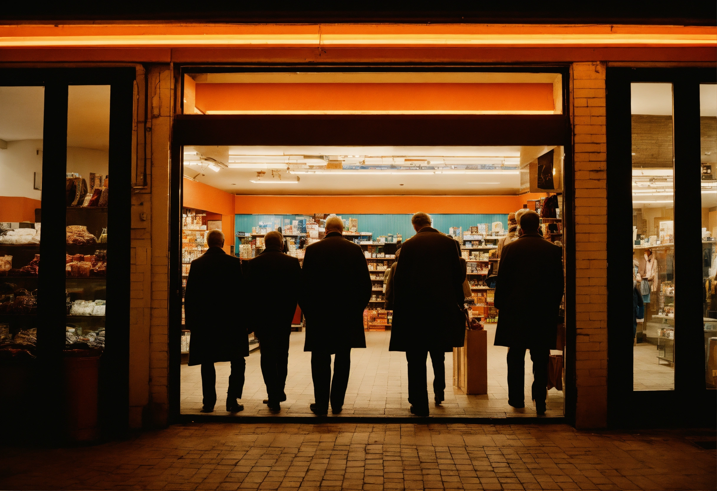 Lexica - Wide Dutch angle shot, a group of male figures, entering shop ...