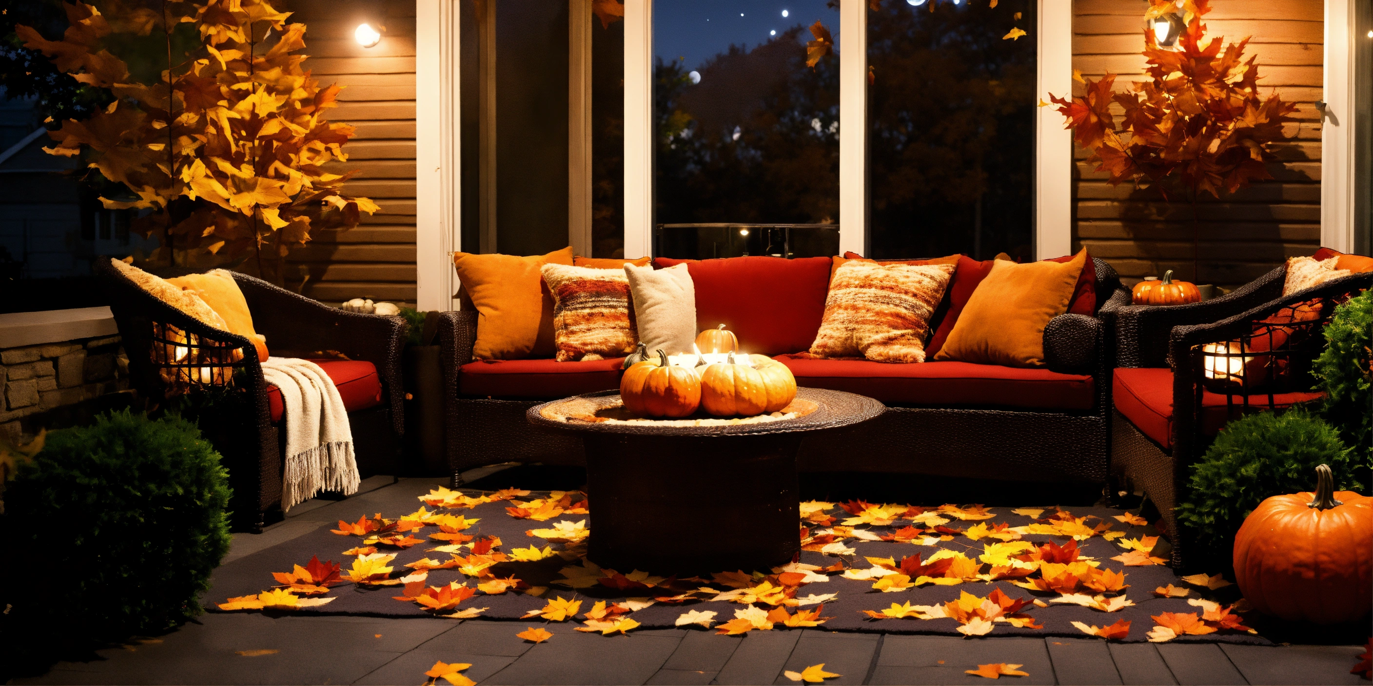 Lexica - Fall living room, outdoor patio, dark floors, big fuzzy rug ...