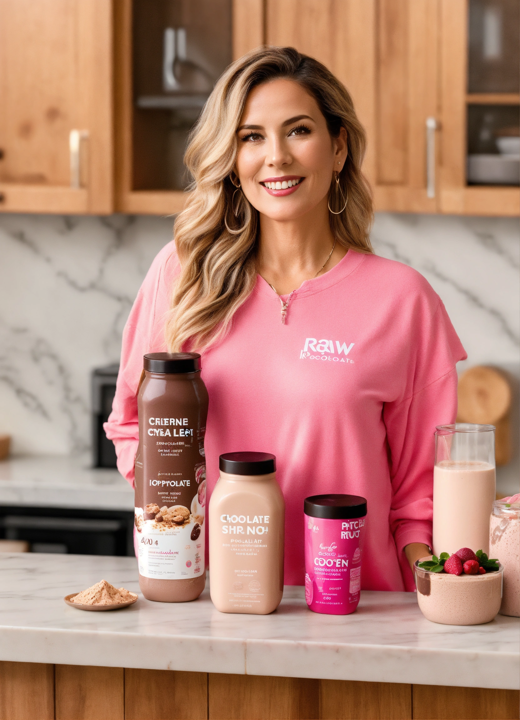 Lexica - Female influencer in her 40s holding a chocolate protein shake ...