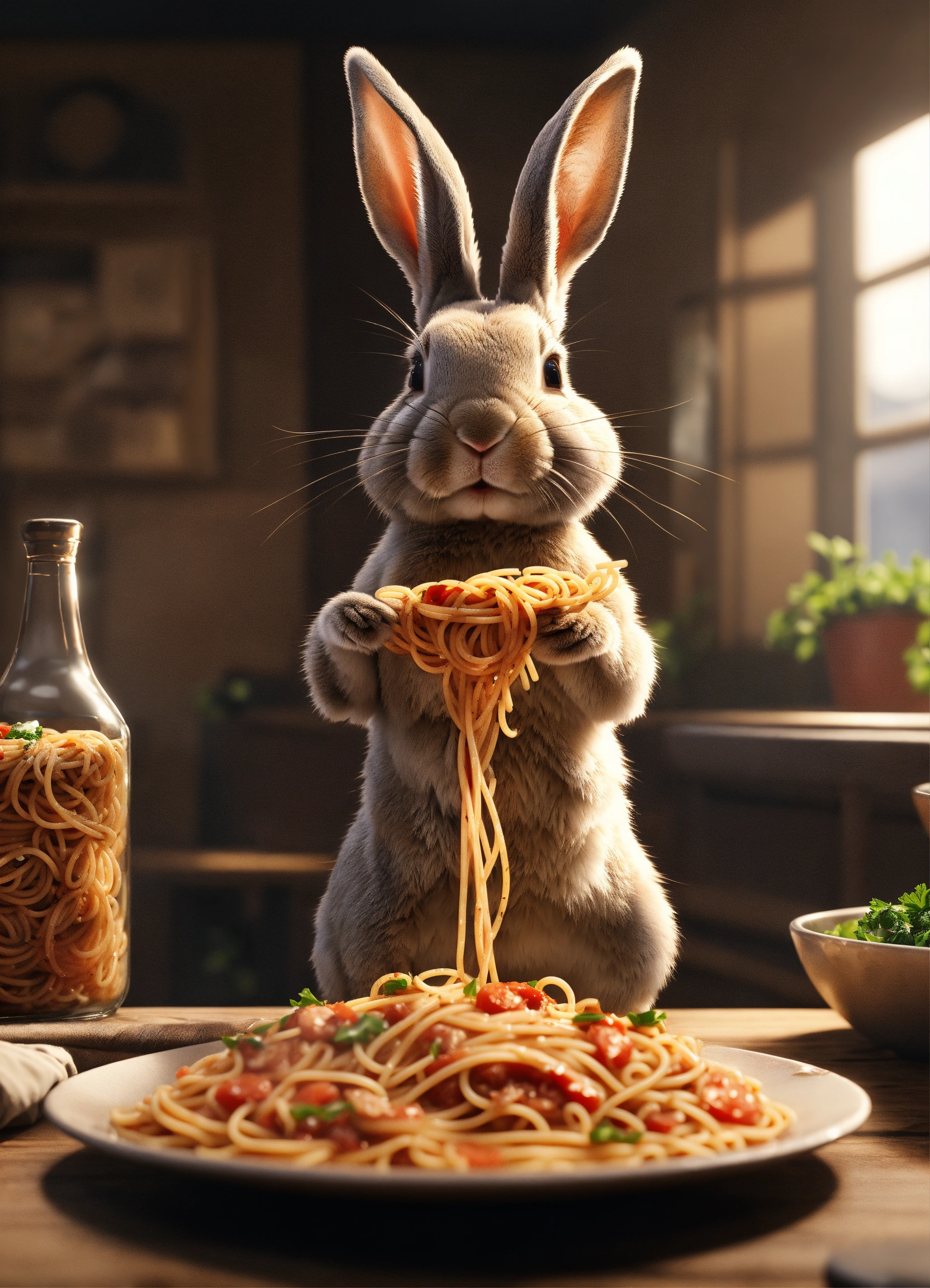 Lexica - A rabbit standing on 2 legs, eating spaghetti, unreal engine ...