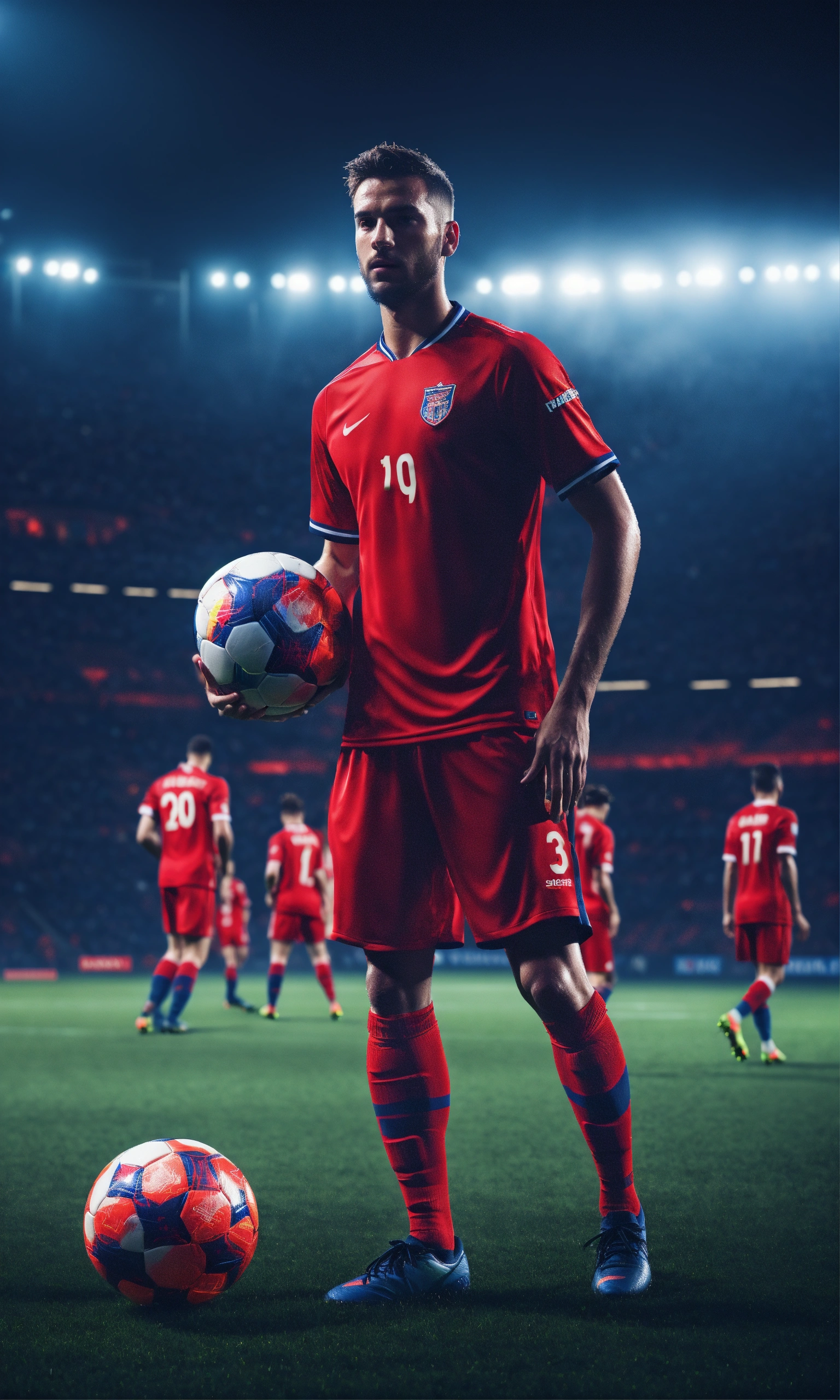 Lexica - Cinematic soccer player and his team holding a soccer ball ...