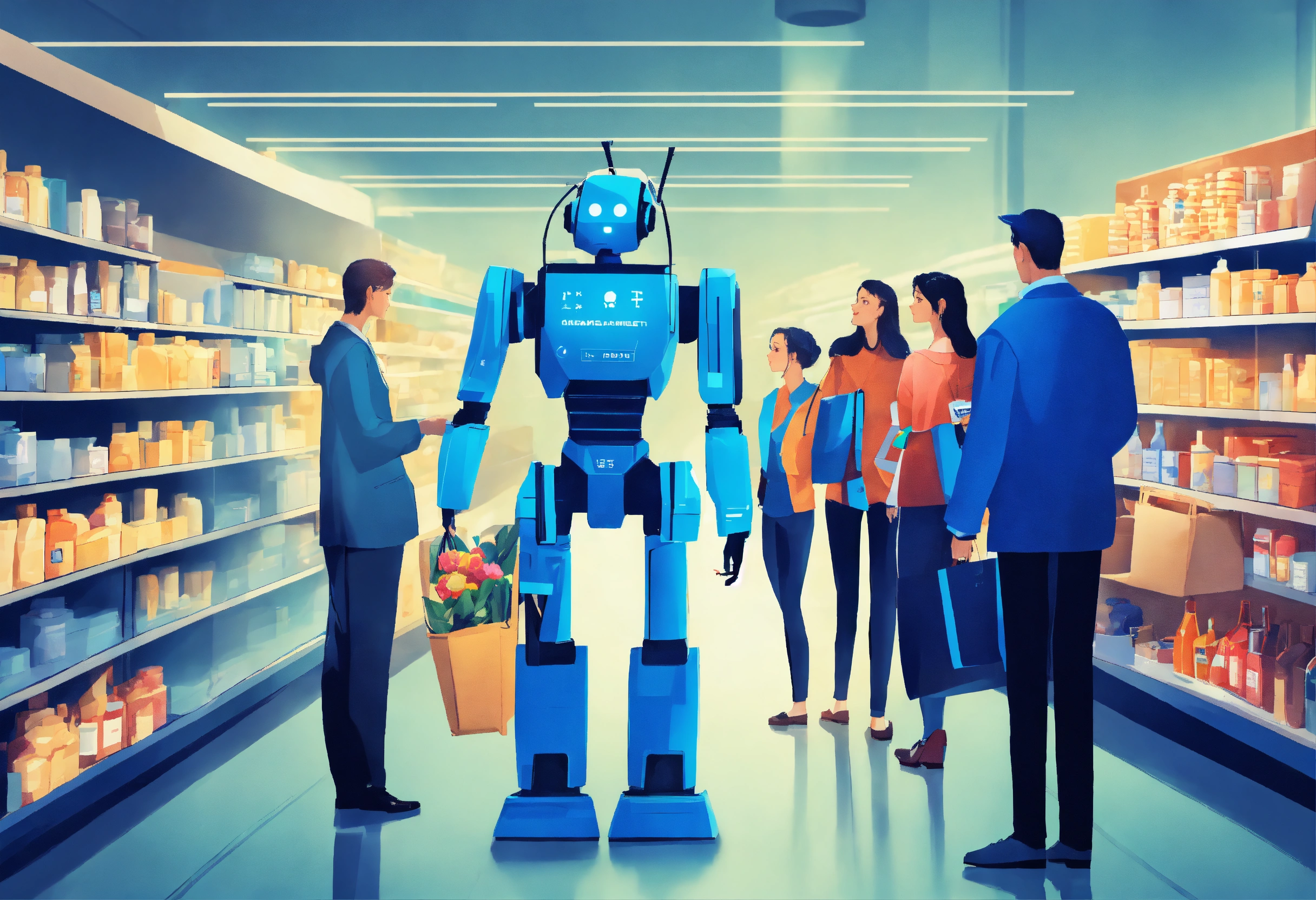 Lexica - Humanoid bot helping a group of people buying, blue palette