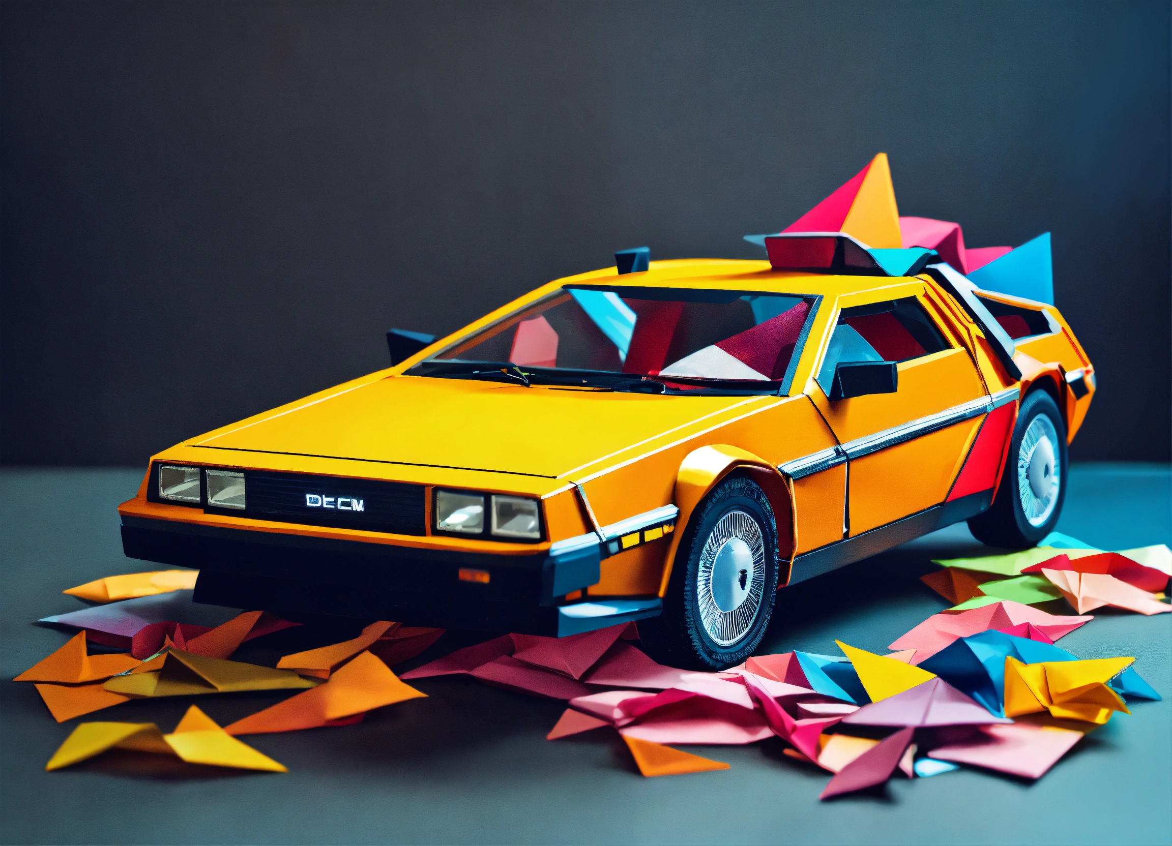 Lexica - Half-built DeLorean with colourful paper and woord origami ...