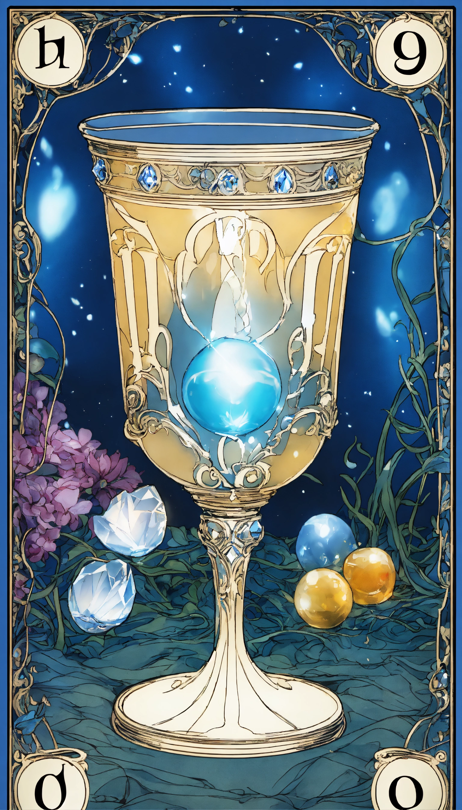 Lexica - Art Nouveau tarot card blue and white glowing ten crystal goblets